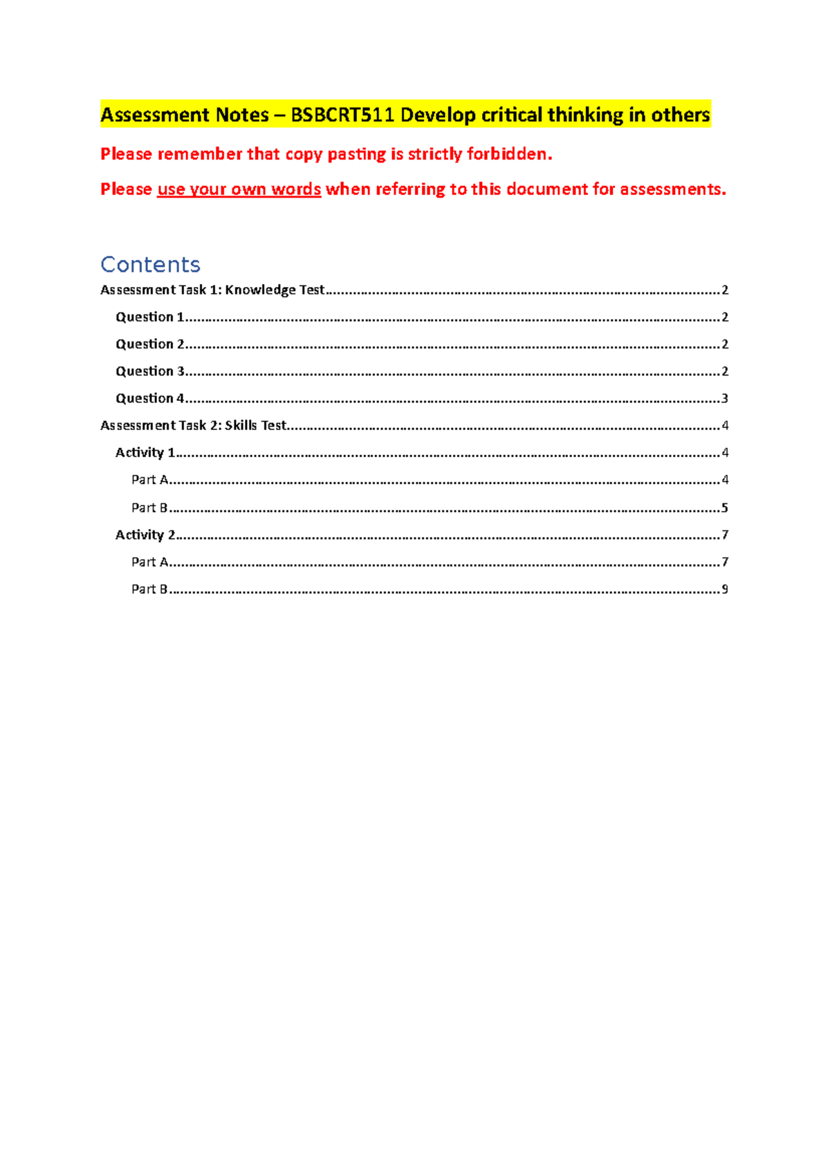Bsbcrt 511 Assessment Notes - Assessment Notes – BSBCRT511 Develop ...