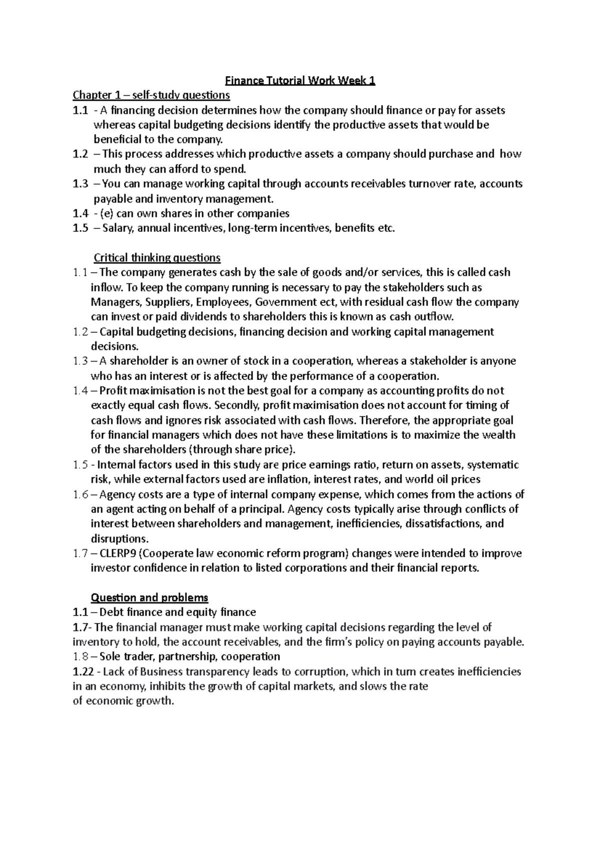 Finance Tutorial Work Week 1 - 1 – This process addresses which ...