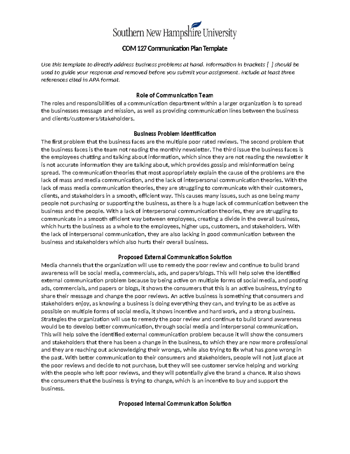 COMM Module 5 - COM 127 Communication Plan Template Use this template ...