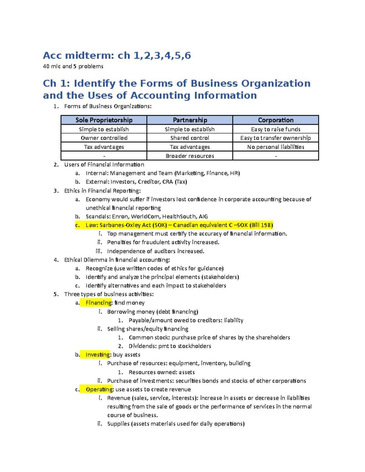 Accounting Summary - Acc midterm: ch 1,2,3,4,5, 40 mlc and 5 problems ...