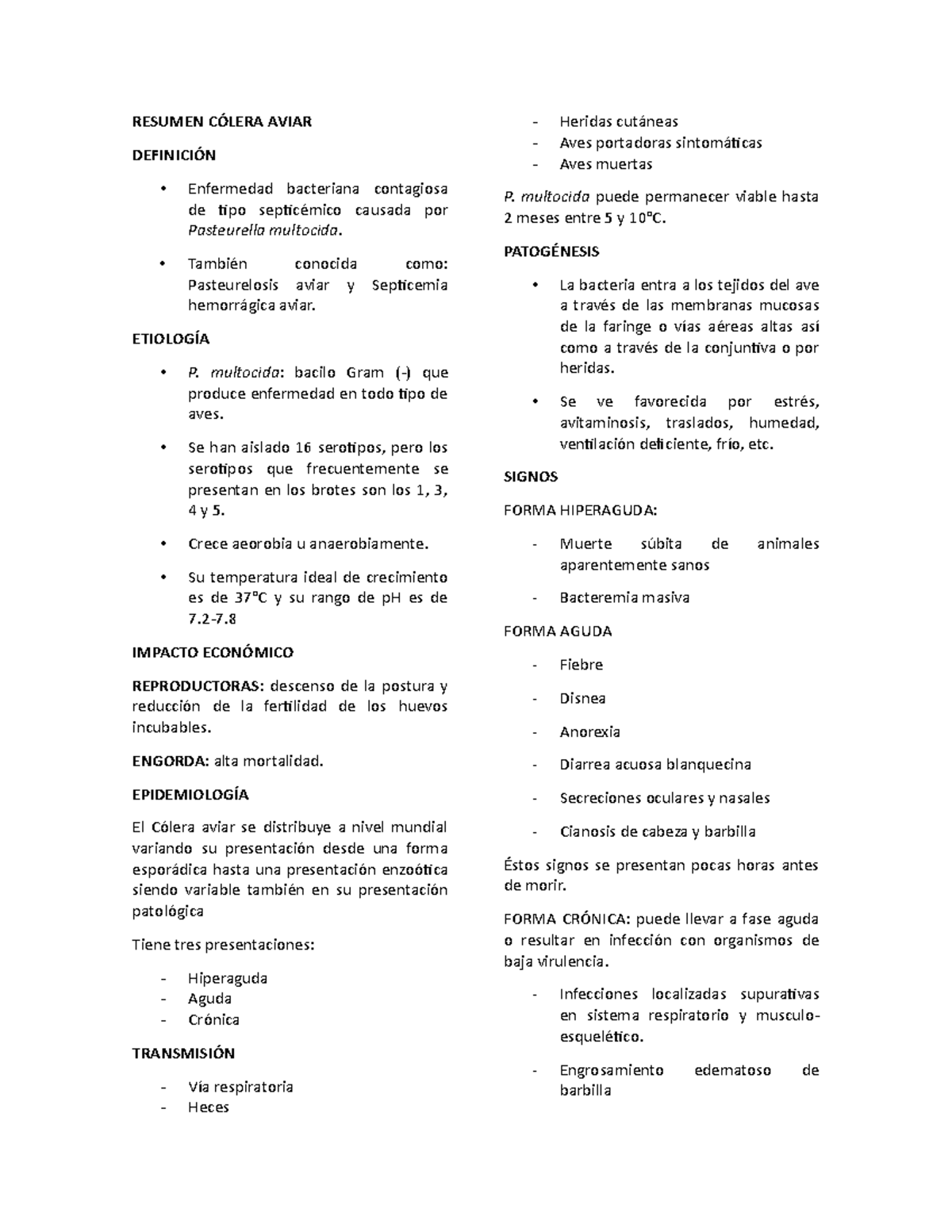 Resumen CÓlera Aviar - RESUMEN AVIAR Enfermedad bacteriana contagiosa ...