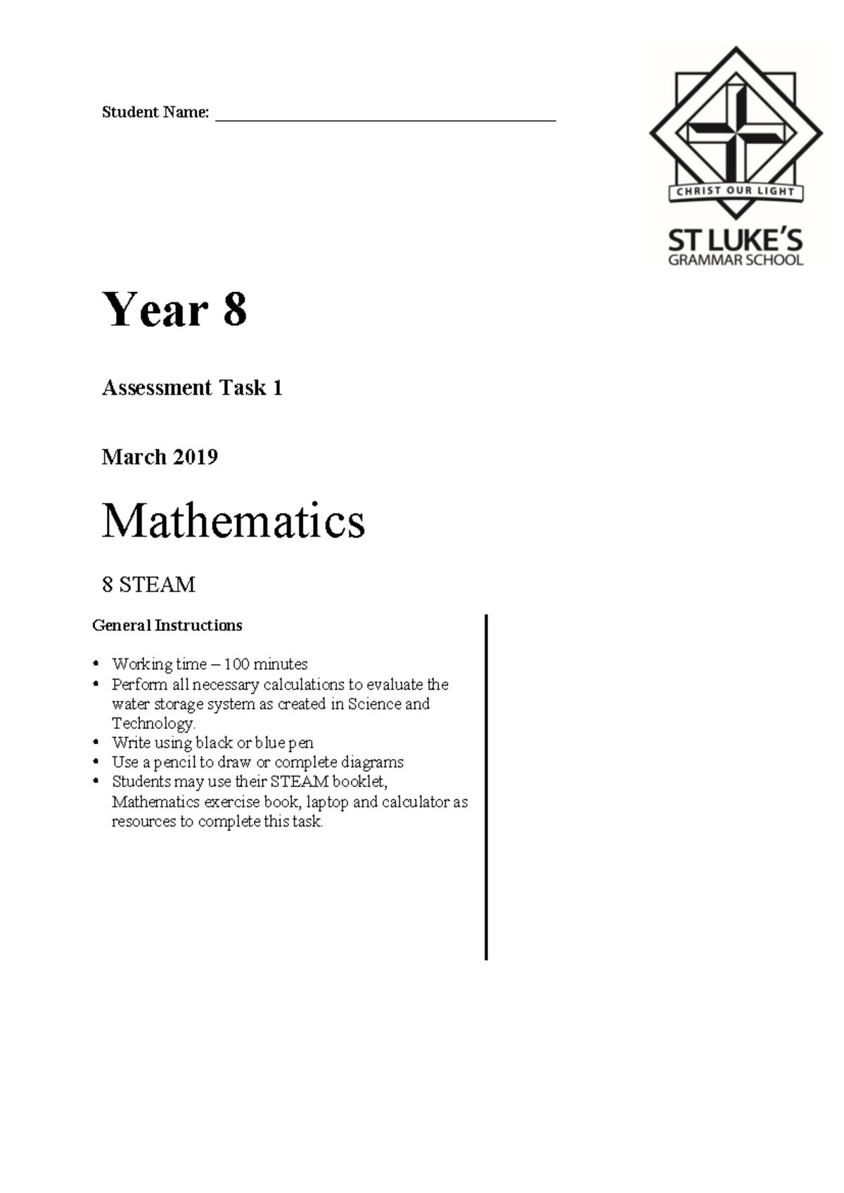 2019 Y8 Task 1 - year 11 math advanced - Student Name