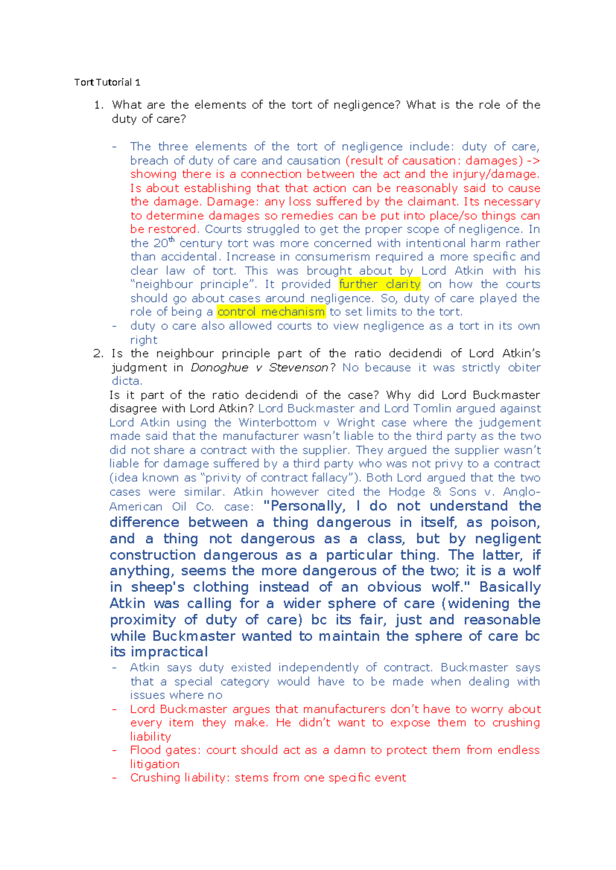Tort Tutorial 1 - What are the elements of the tort of negligence? What ...
