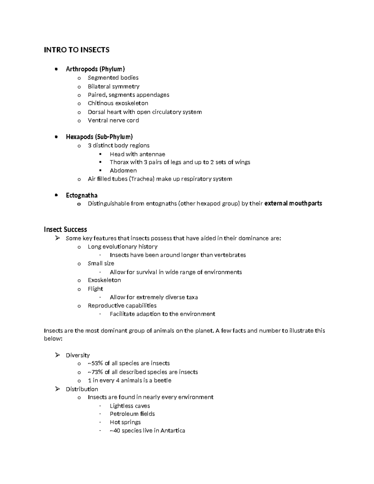 ENTM3190 Intro TO Insects - INTRO TO INSECTS Arthropods (Phylum) o ...