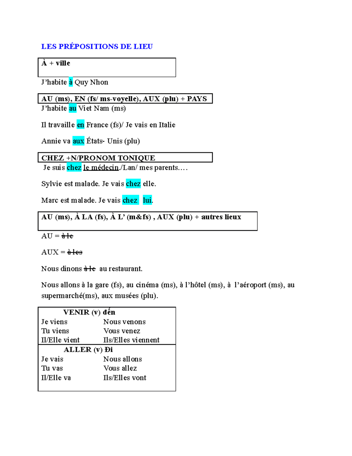 Zoom lecon 5- preposition - LES PRÉPOSITIONS DE LIEU À + ville J’habite ...