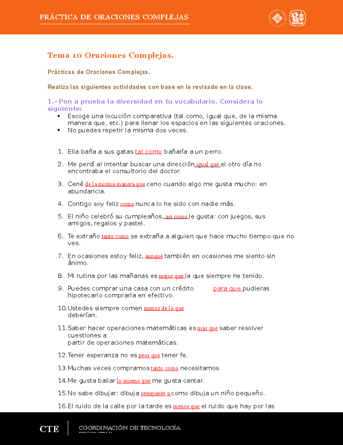 Practica oraciones complejas - Tema 10 Oraciones Complejas. Prácticas ...