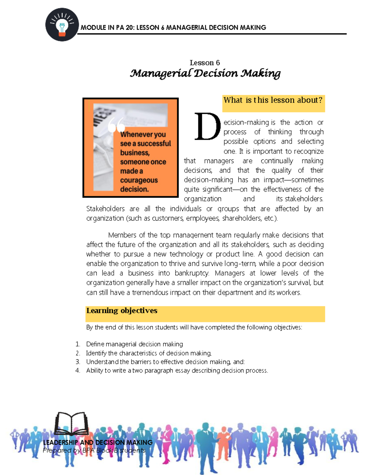 6 - Human Resource - LEADERSHIP AND DECISION MAKING Lesson 6 Managerial ...