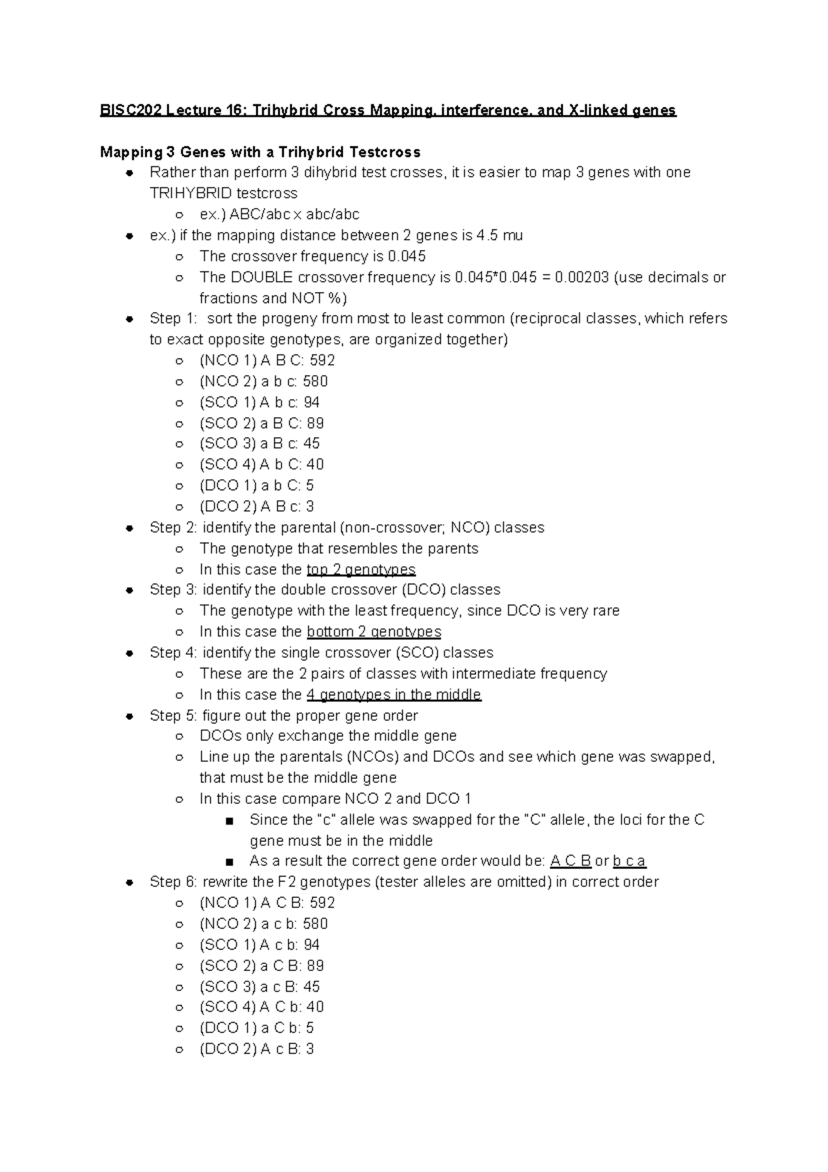 BISC202 Lecture 16 Trihybrid Cross Mapping, interference, and X-linked genes - ) ABC/abc x abc ...
