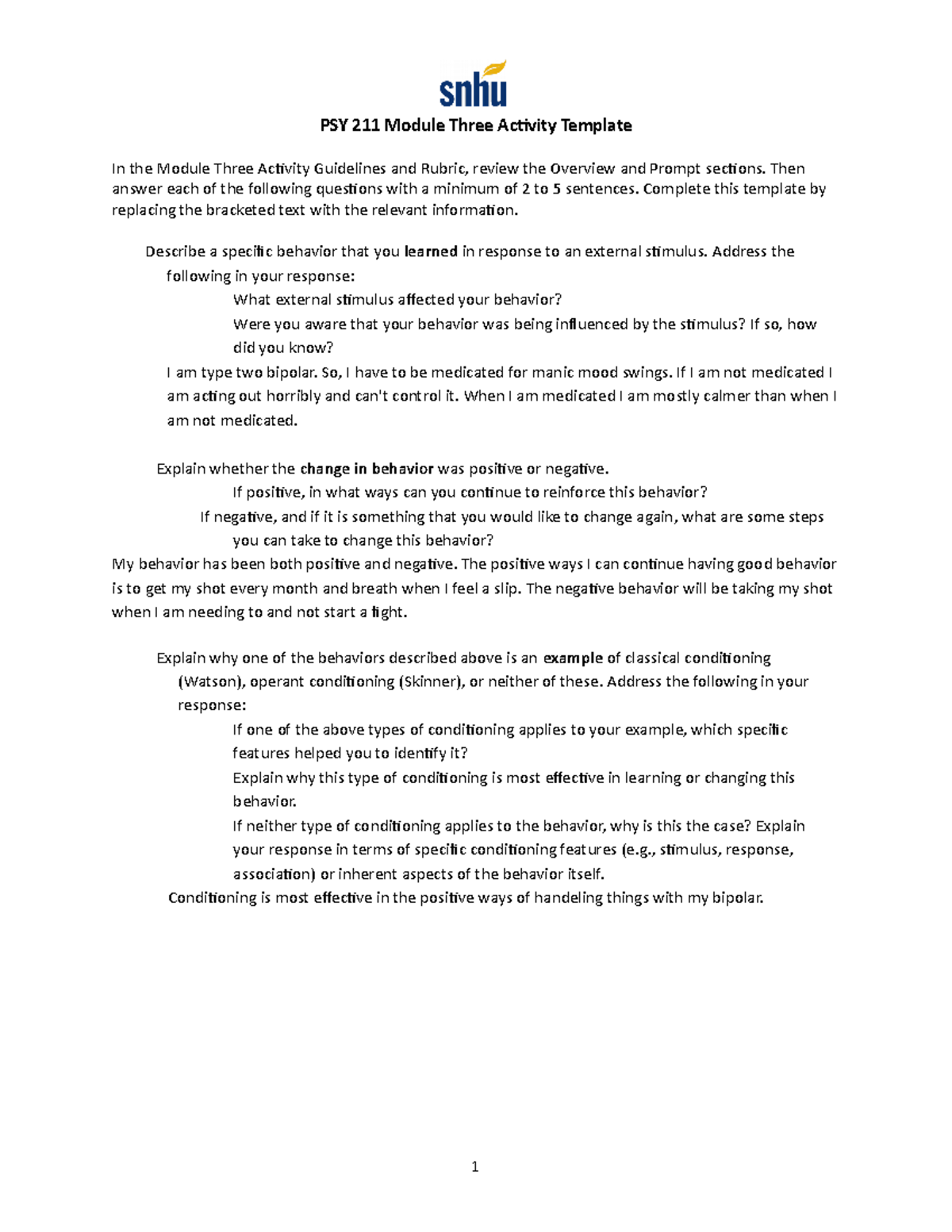 PSY 211 Module Three Activity Template - Then answer each of the ...