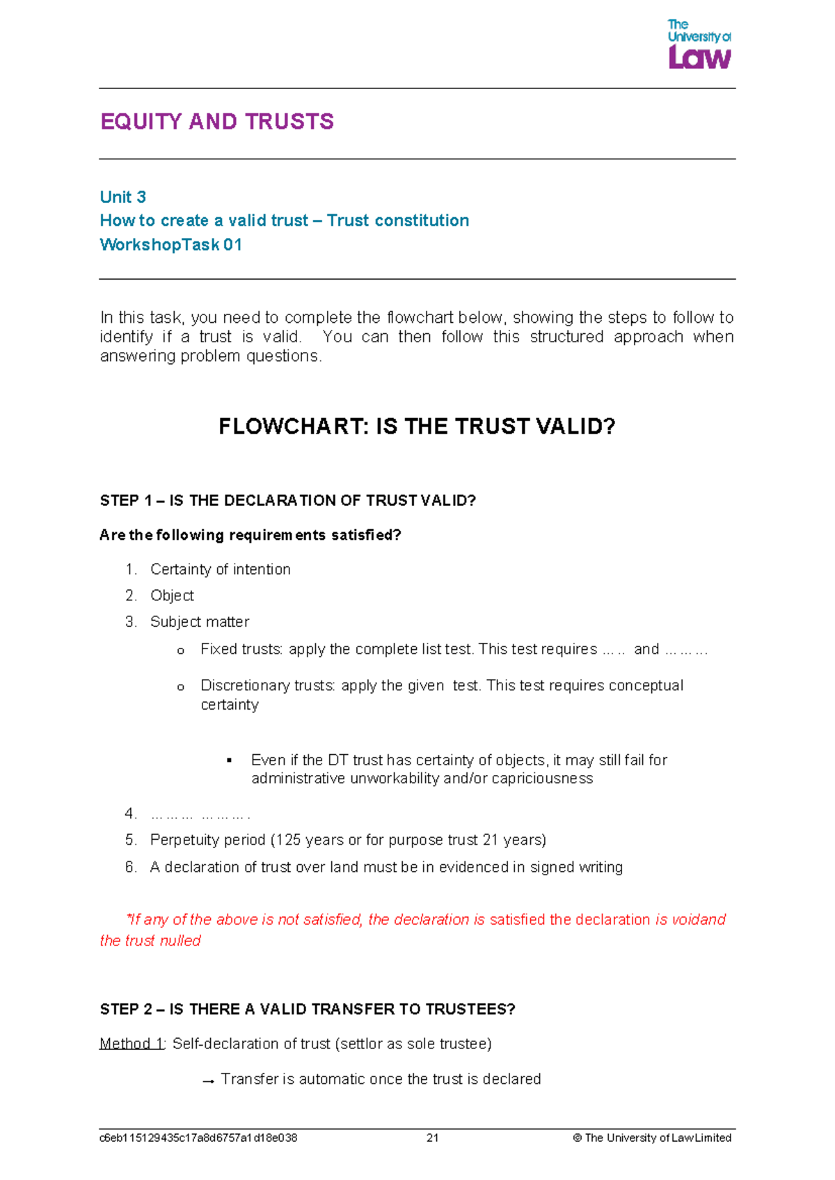 2425 eqtr u03 ce01 workshop task01 - EQUITY AND TRUSTS Unit 3 How to create a valid trust ...