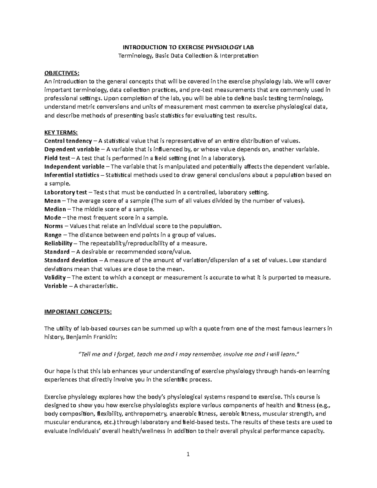 Exercise phys - lab 1 pdf - INTRODUCTION TO EXERCISE PHYSIOLOGY LAB ...