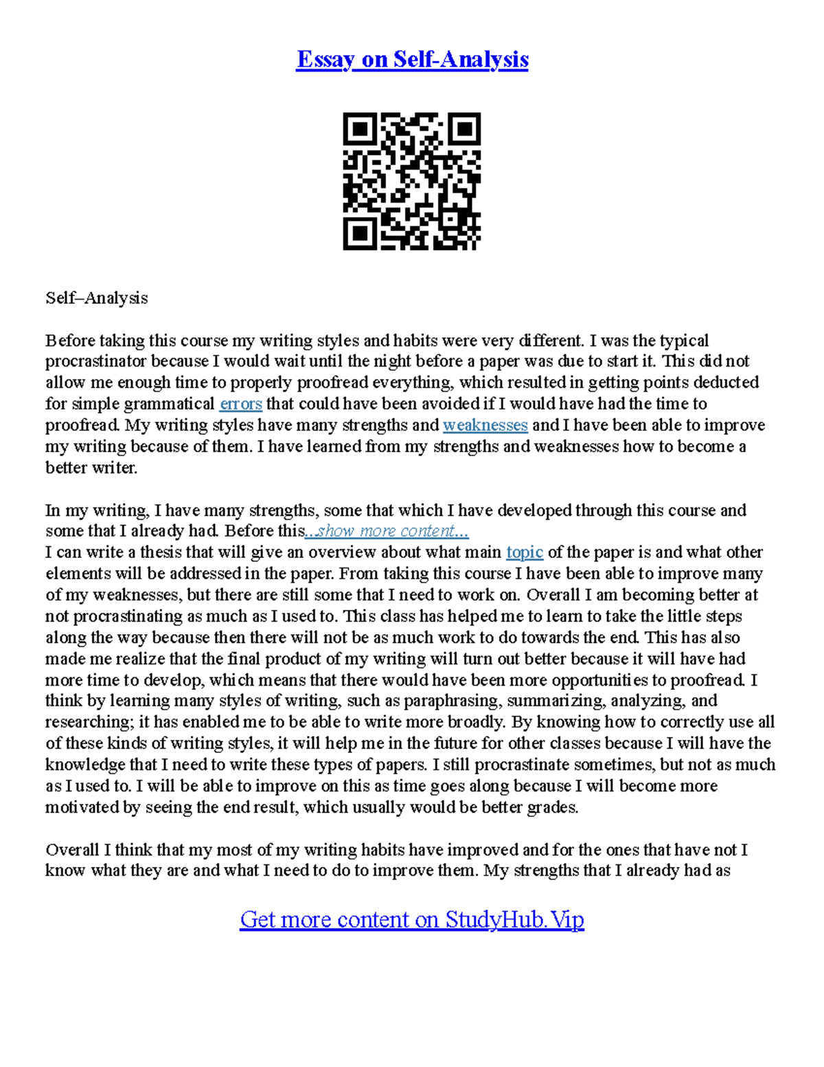 Sample Of Analytical Essay - Essay on Self-Analysis Self–Analysis ...