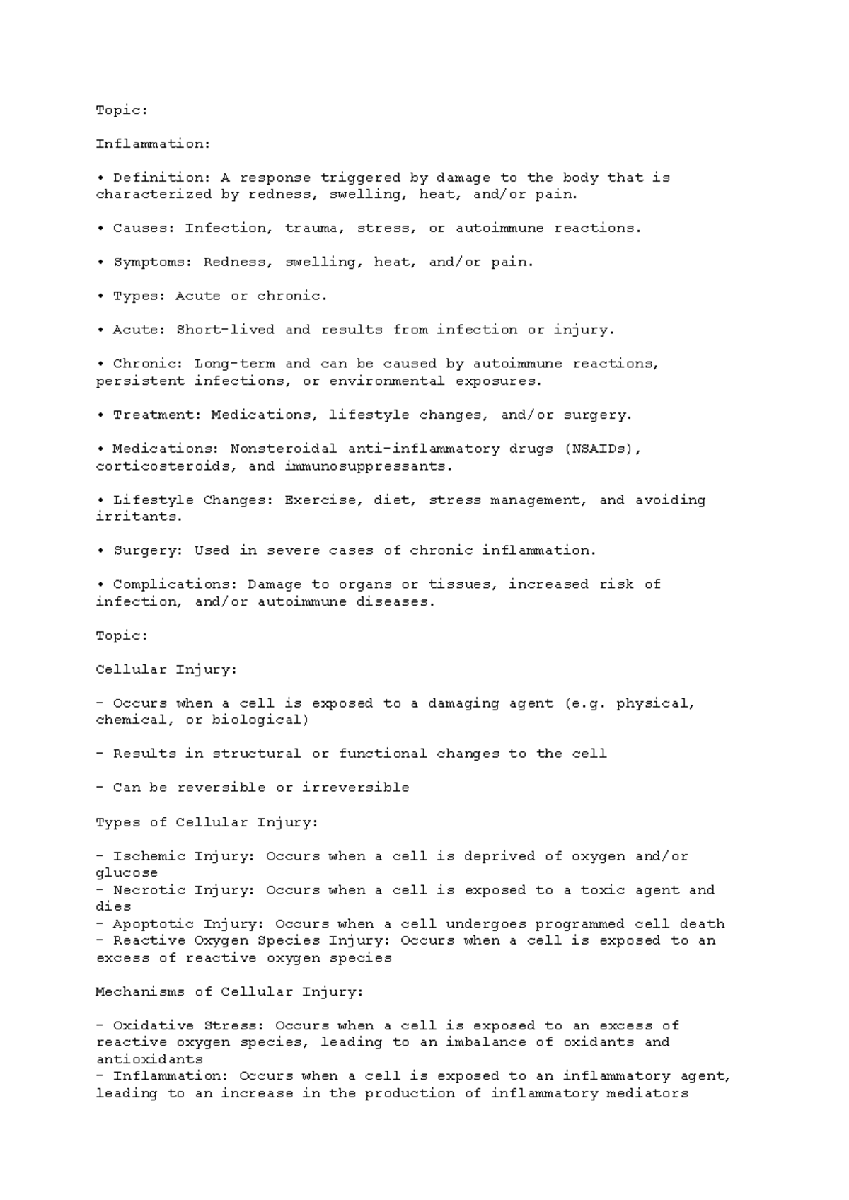 Patho 1 - Course Notes - Topic: Inflammation: Definition: A response ...