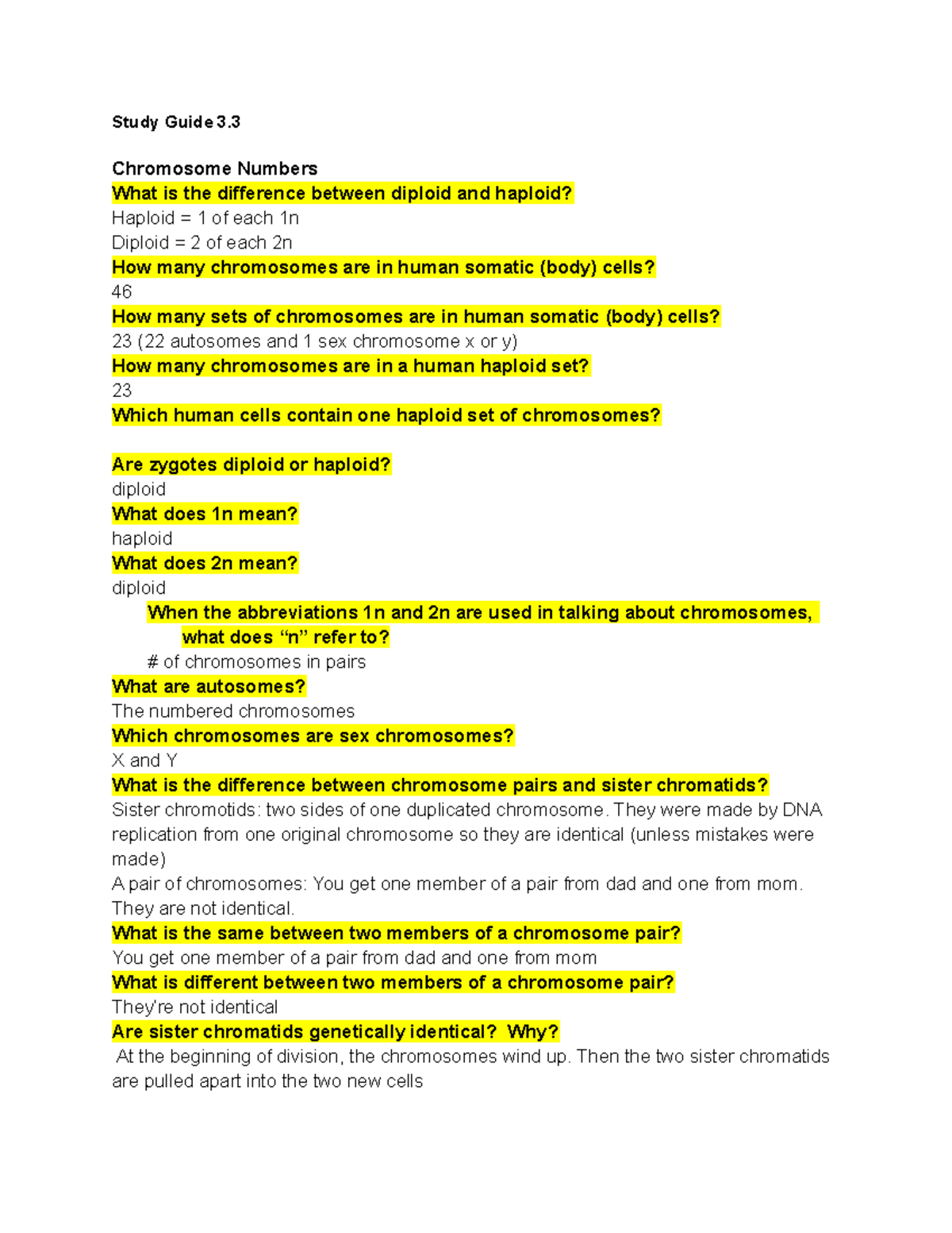 Study Guide 3 - Chromosome Numbers - Study Guide 3. Chromosome Numbers ...
