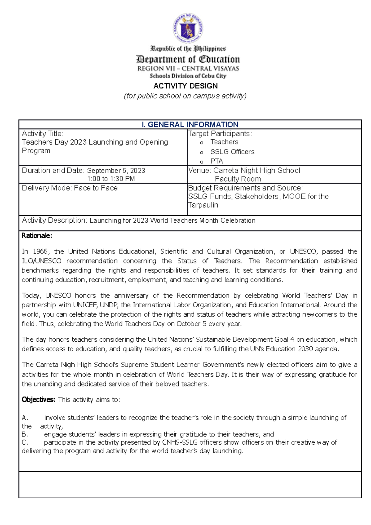Activity Design 2023 Teachrs Month Launching FIN 2 - ACTIVITY DESIGN ...