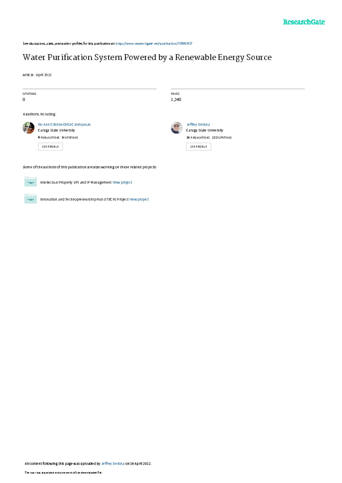 Water Purification System Powered by a Renewabel Energy Source ...