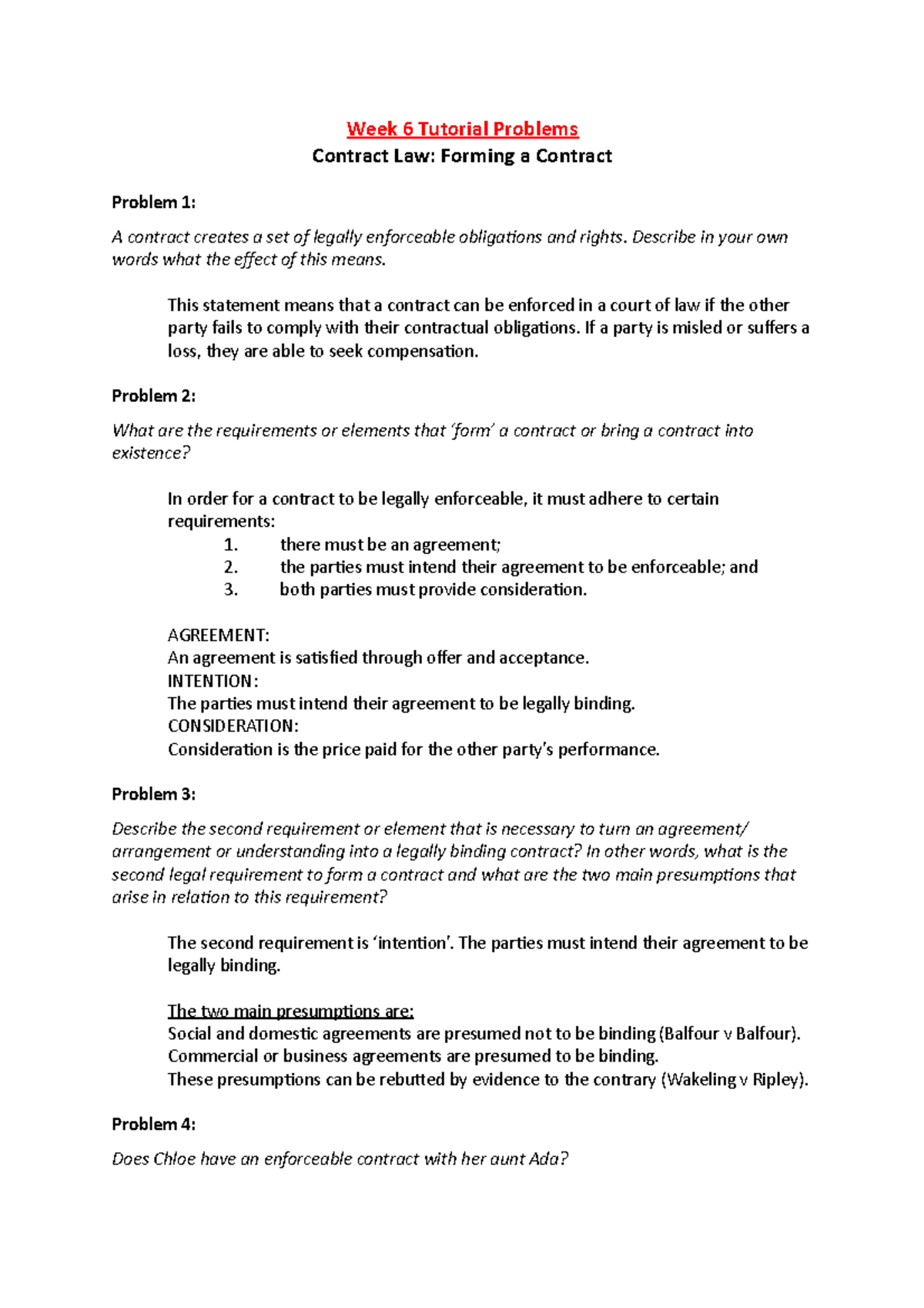 Week 6 In class Tutorial questions - contract formation - Week 6 Tutorial Problems Contract Law ...