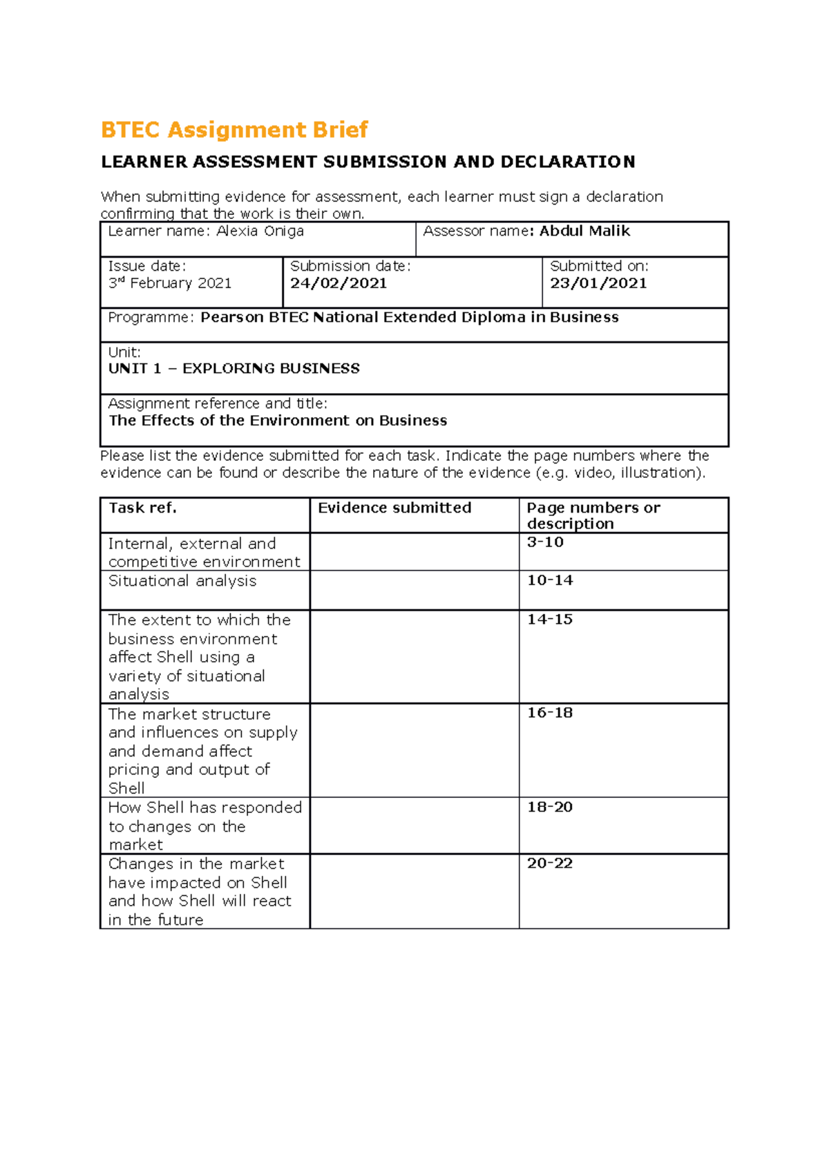 Shell - BTEC Assignment Brief LEARNER ASSESSMENT SUBMISSION AND DECLARATION When submitting ...