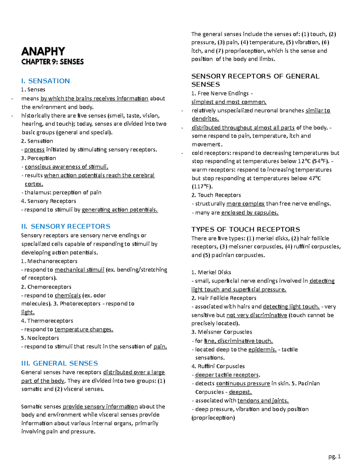 Chapter-9-Senses - Lecture notes in Senses. - I. SENSATION Senses means ...