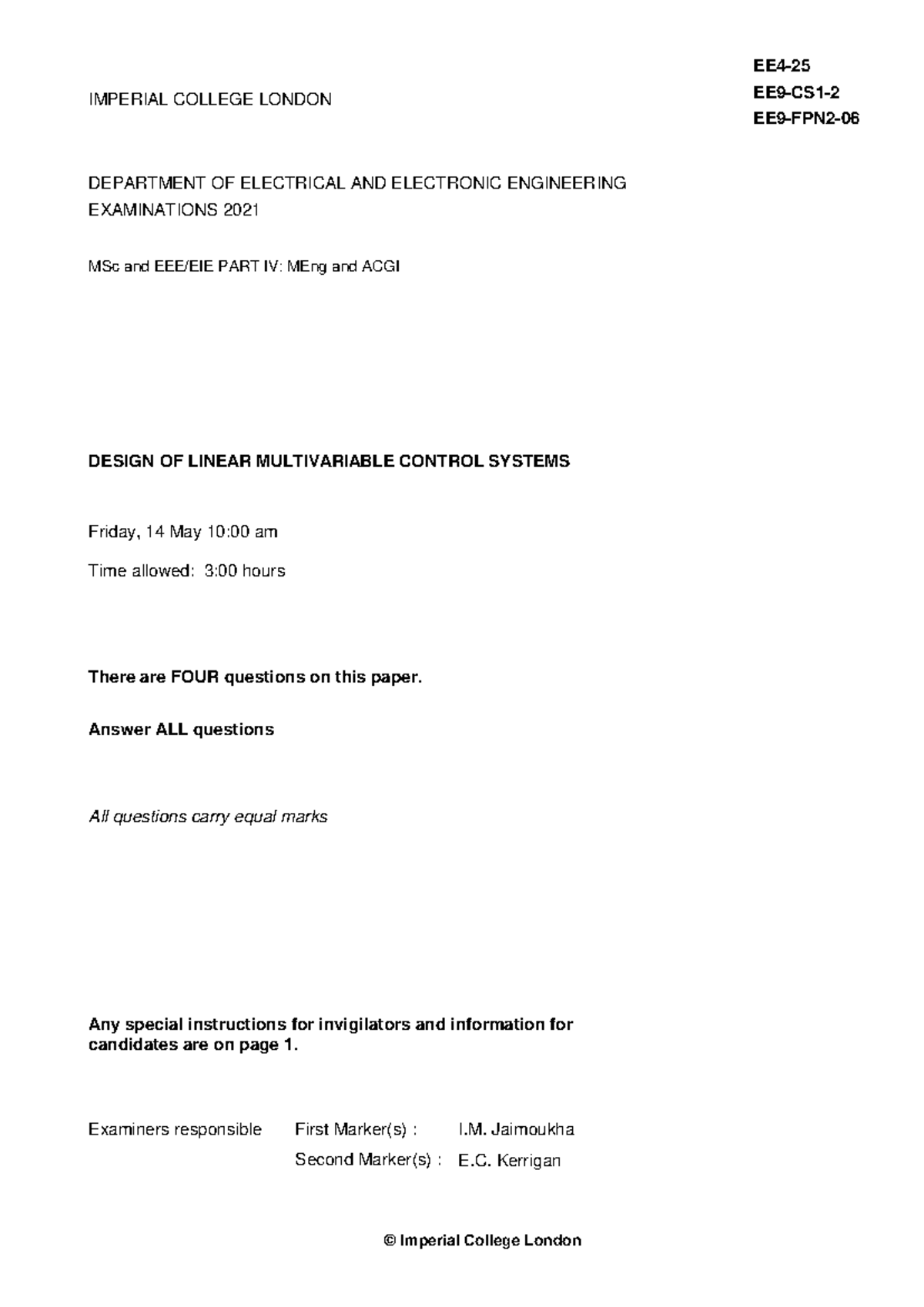 Design of Linear and Multivariable Control Systems Exam - IMPERIAL ...