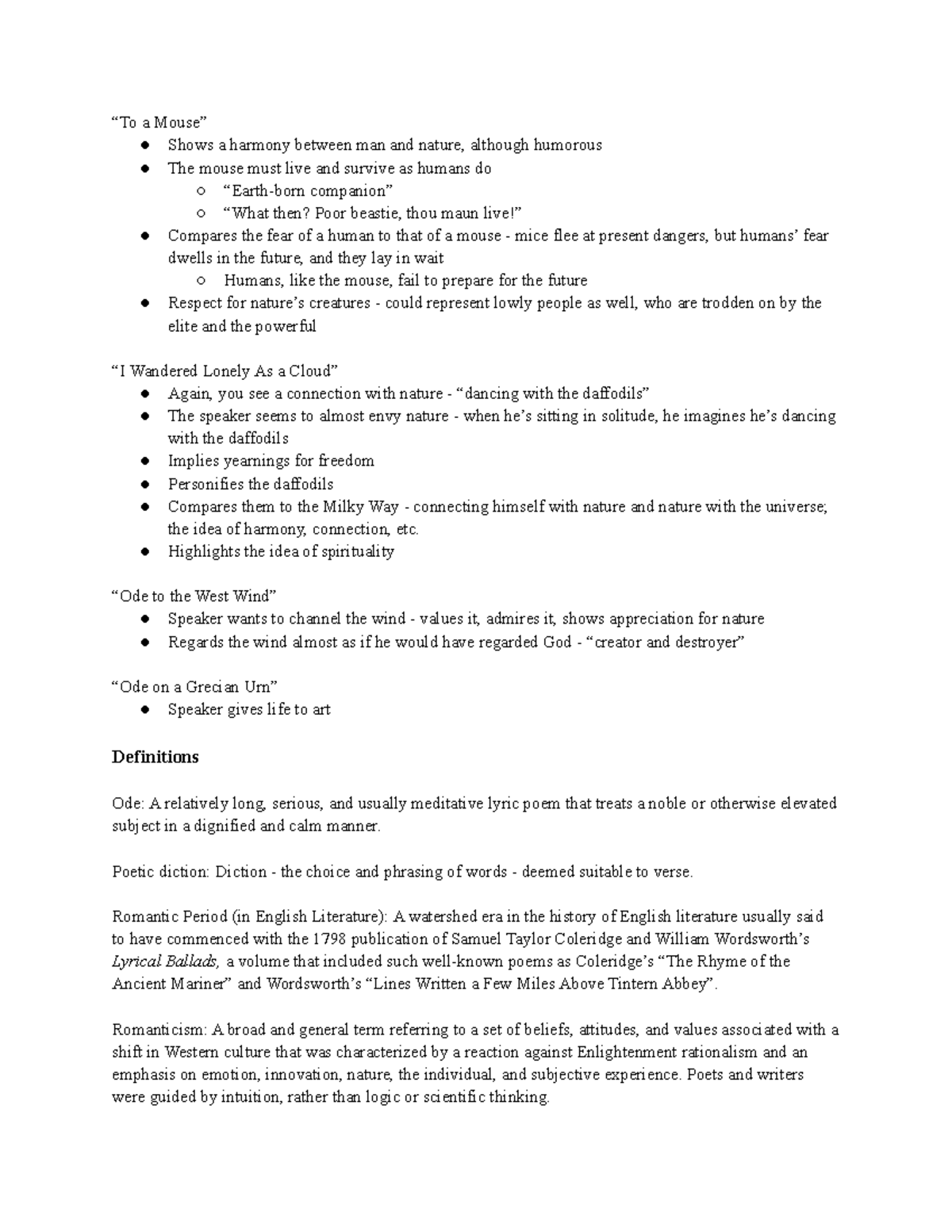 Romanticism Poems Notes - “To a Mouse” Shows a harmony between man and ...