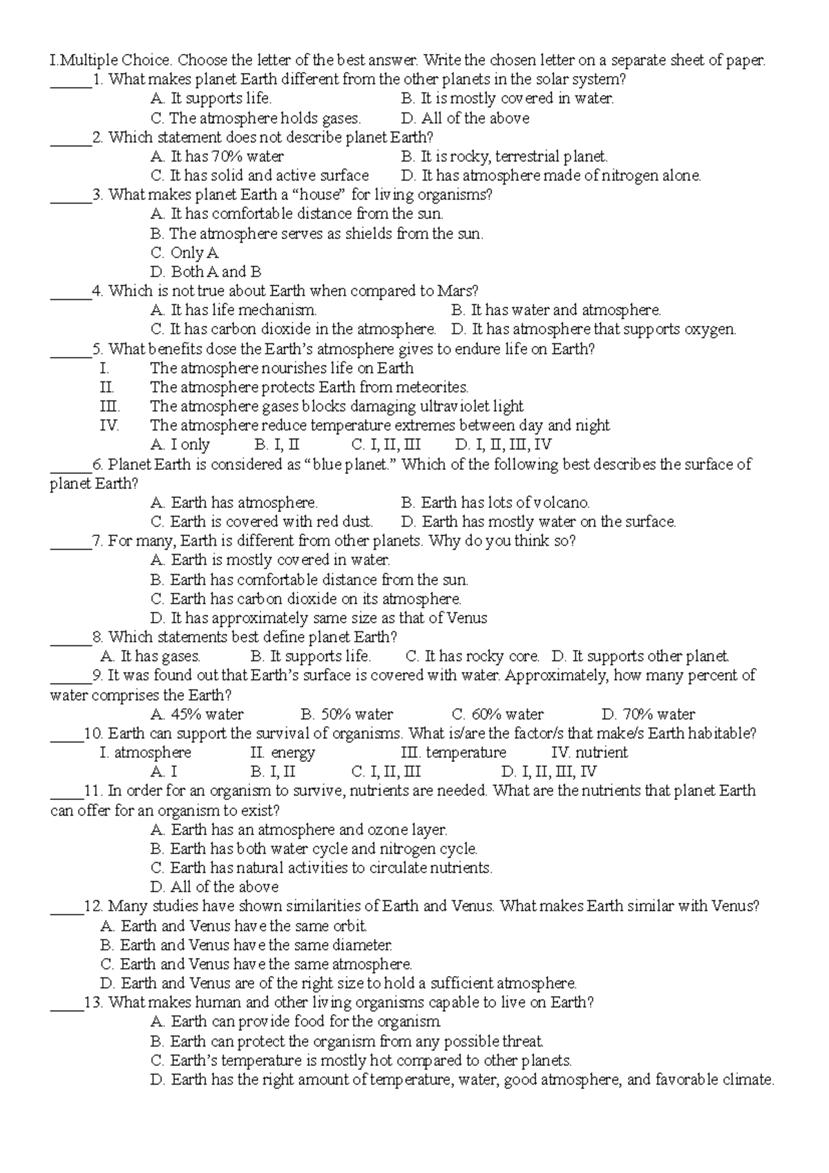 QUIZ NO.1 Module 1-4 - for reference - I Choice. Choose the letter of ...