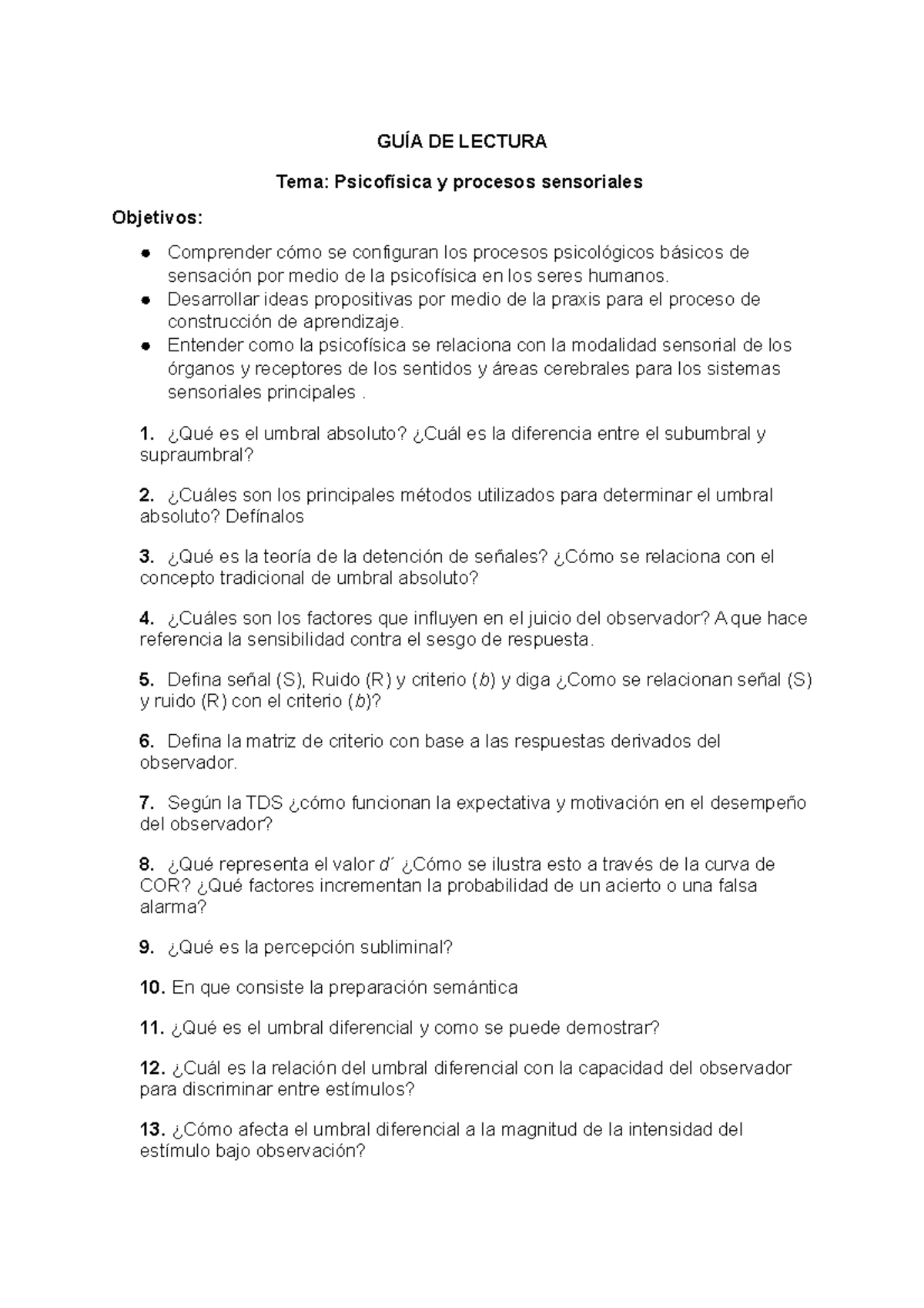 GUÍA DE Lectura Psicofísica - GUÍA DE LECTURA Tema: Psicofísica y ...