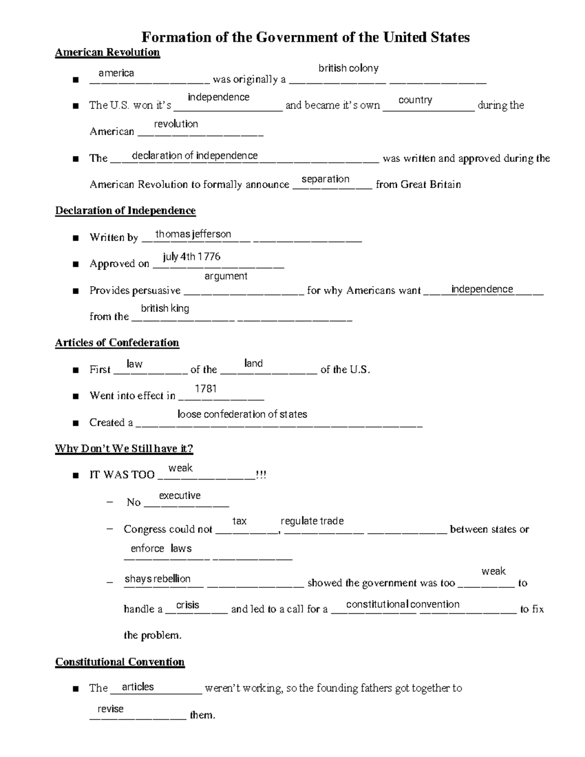 Pt 2 - Answer key - Formation of the Government of the United States ...