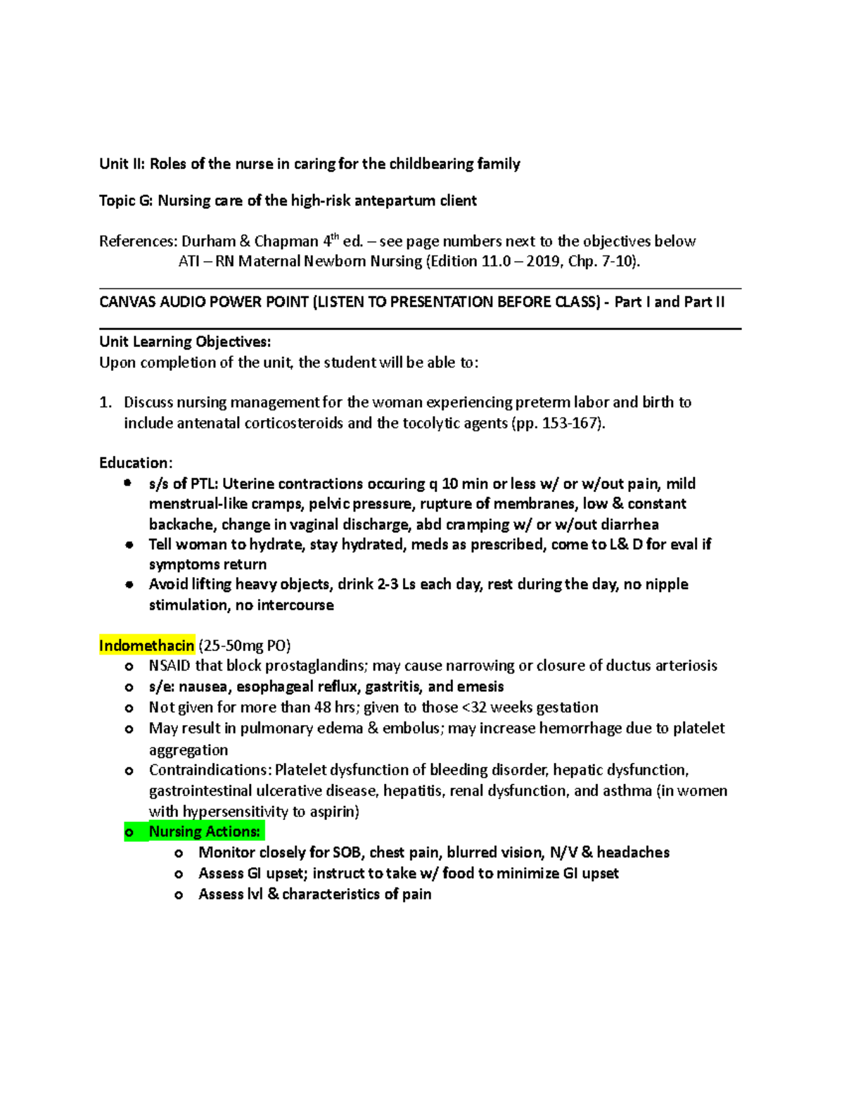High Risk Antepartum LO - Unit II: Roles of the nurse in caring for the ...