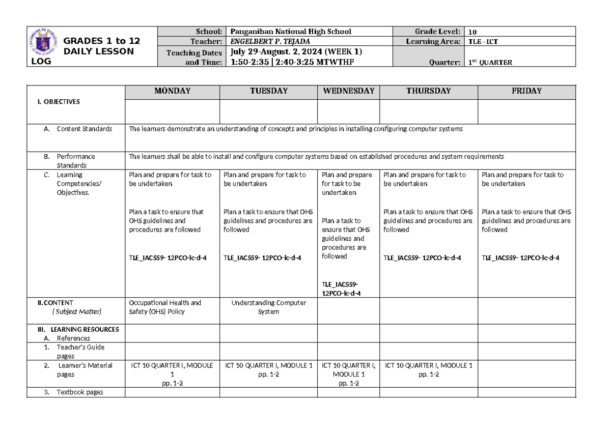 DLL TLE 9 Q1 W2 - 123123 - GRADES 1 to 12 DAILY LESSON LOG School ...