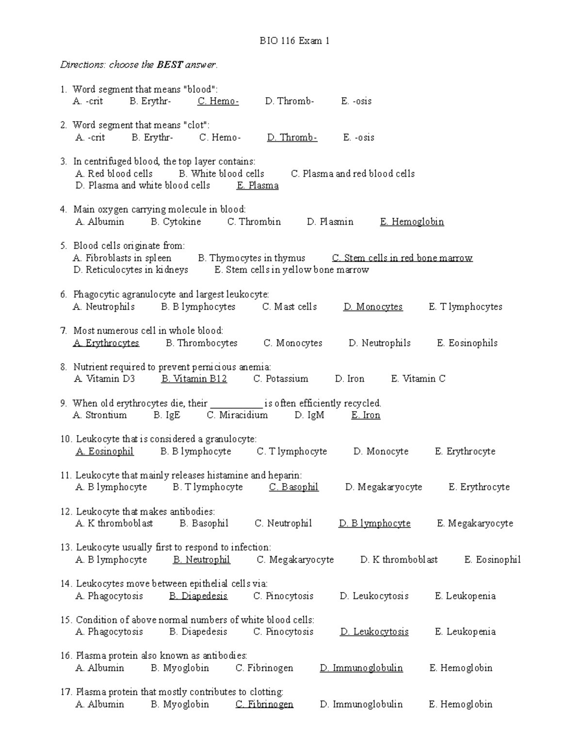 Unit 1 Exam ch14 16 221 nursing good luck - BIO 116 Exam 1 Directions ...