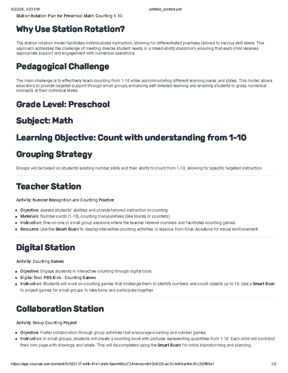 Math Lesson - Station Rotation Plan for Preschool Math: Counting 1- Why ...