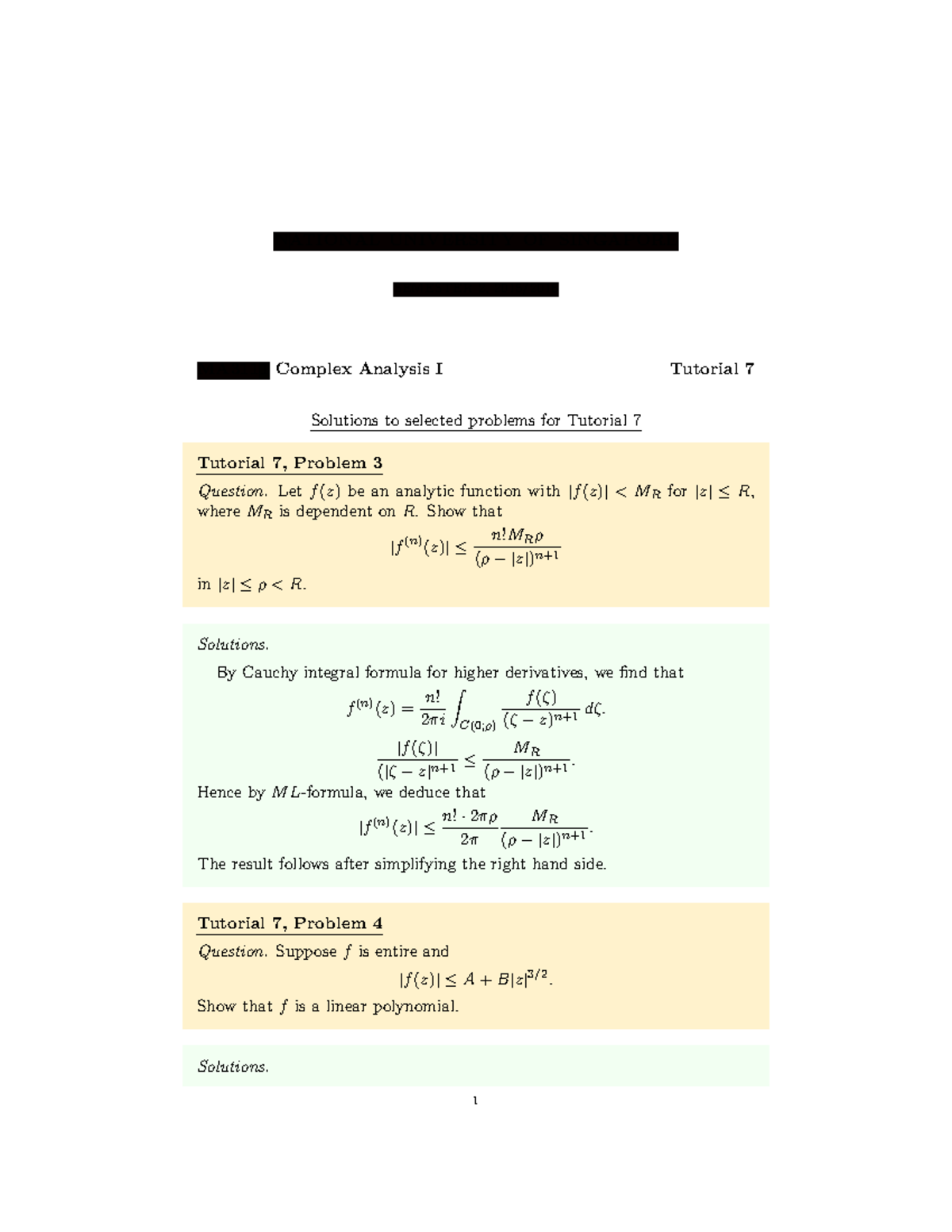 Integral formula for higher derivatives - NATIONAL UNIVERSITY OF SINGAPORE SEMESTER 2, 2015 ...