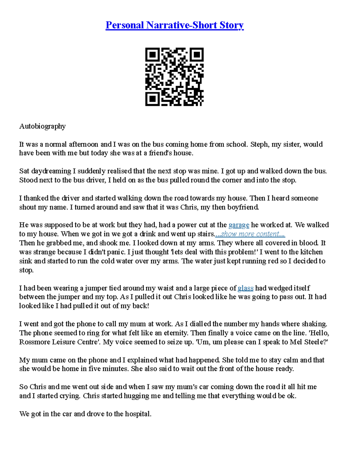 Personal Autobiography Essay - Personal Narrative-Short Story ...