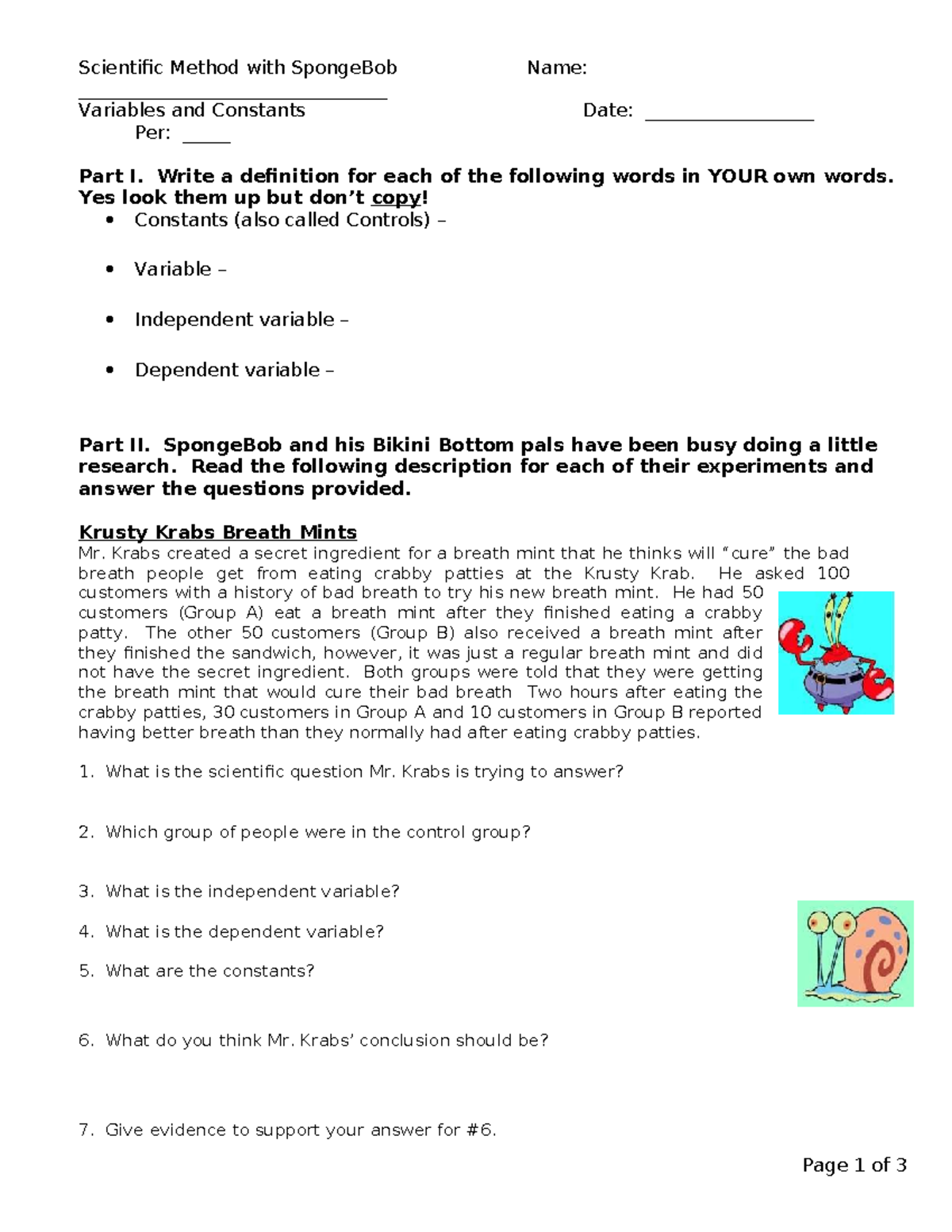 Scientific Methods Practice - Scientific Method with SpongeBob Name ...