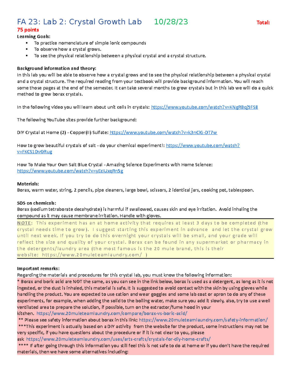 Lab 2- crystal growth - FA 23: Lab 2: Crystal Growth Lab 10/28/23 Total ...