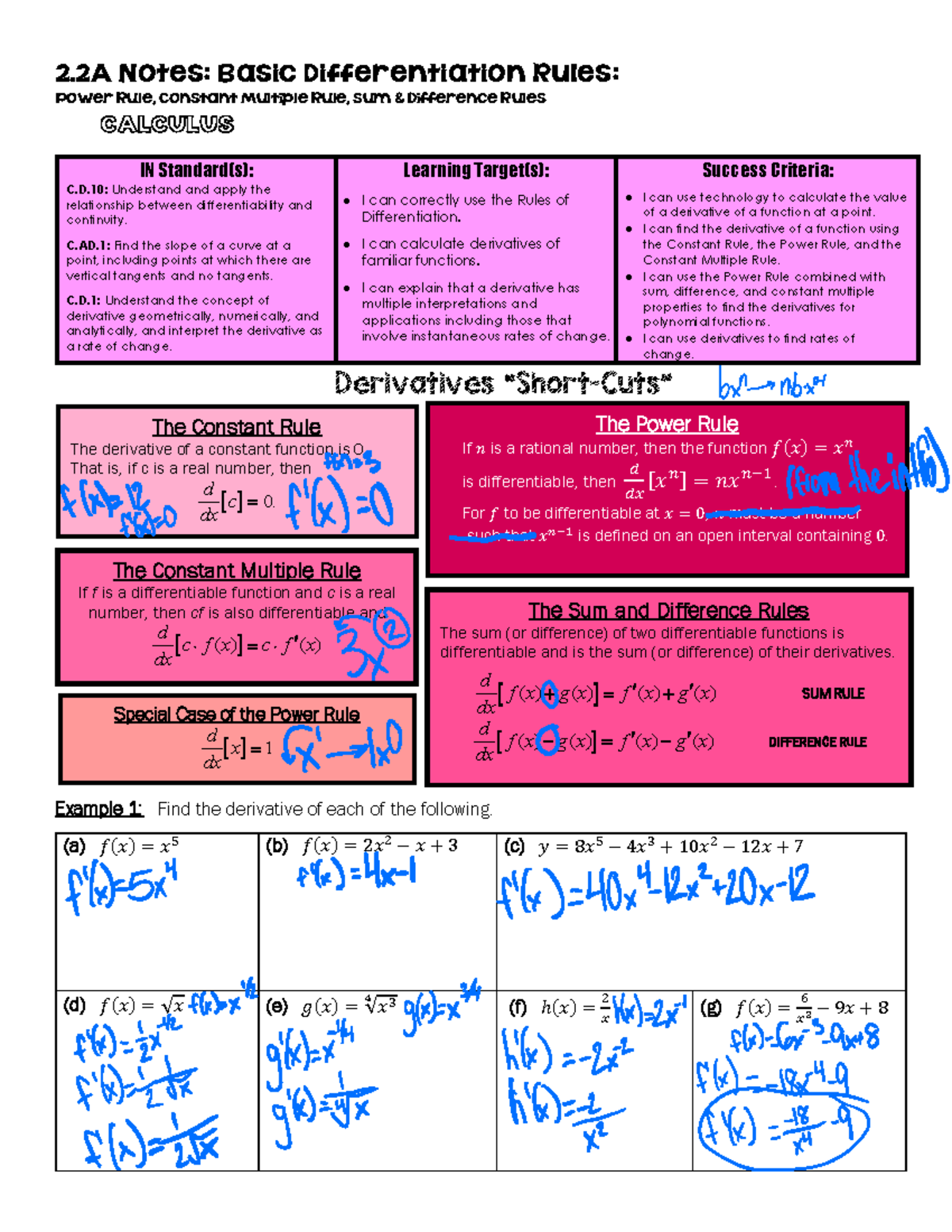 2.2A Notes - Calculus - 2 Notes: Basic Differentiation Rules: Power ...