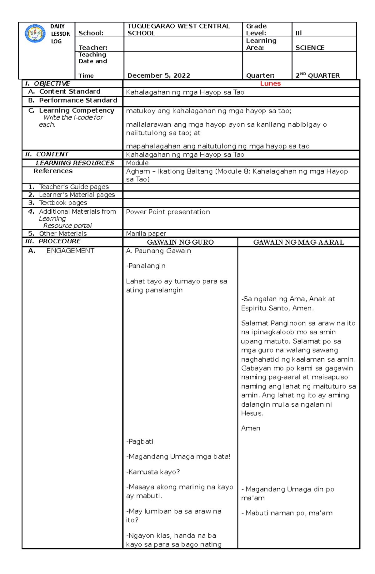 Science 5th week Demo Mitch - DAILY LESSON LOG School: TUGUEGARAO WEST ...