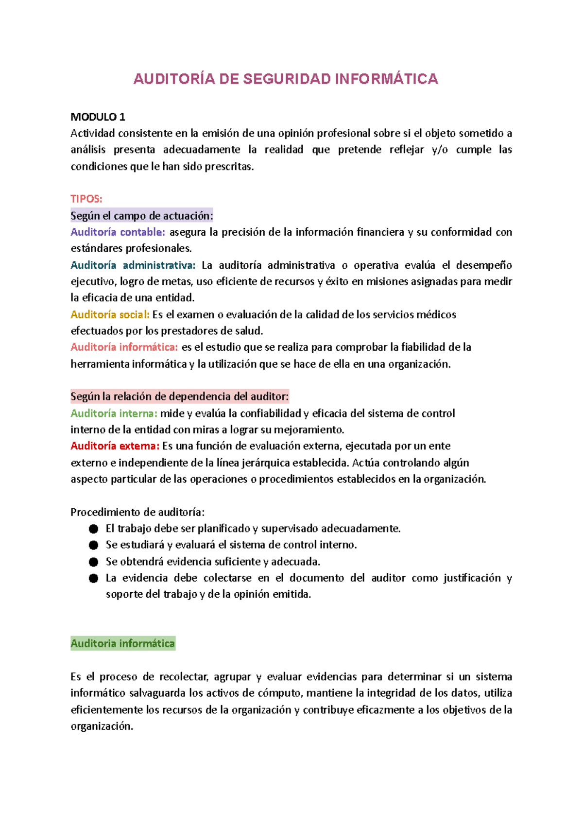 Resumen de Auditoria en Seguridad Informatica - AUDITORÍA DE SEGURIDAD INFORMÁTICA MODULO 1 ...