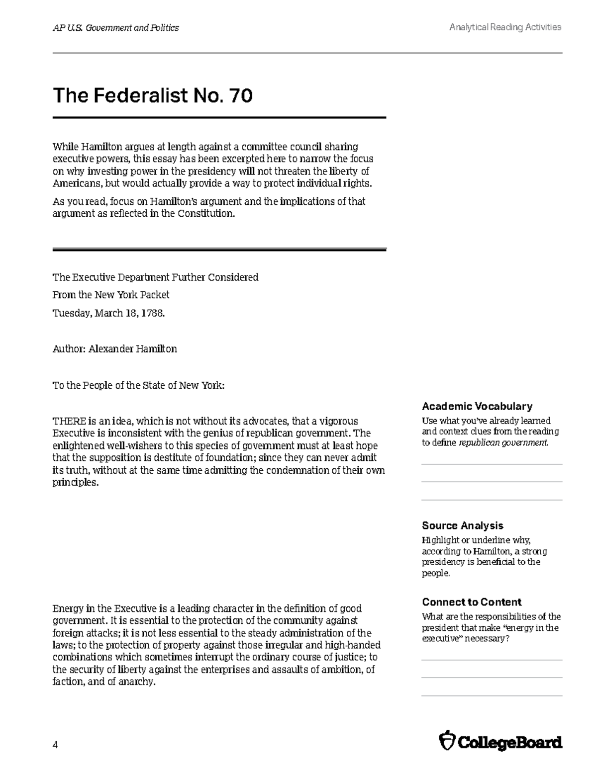 Fed70 Analytical Reading - The Federalist No. 70 While Hamilton argues ...