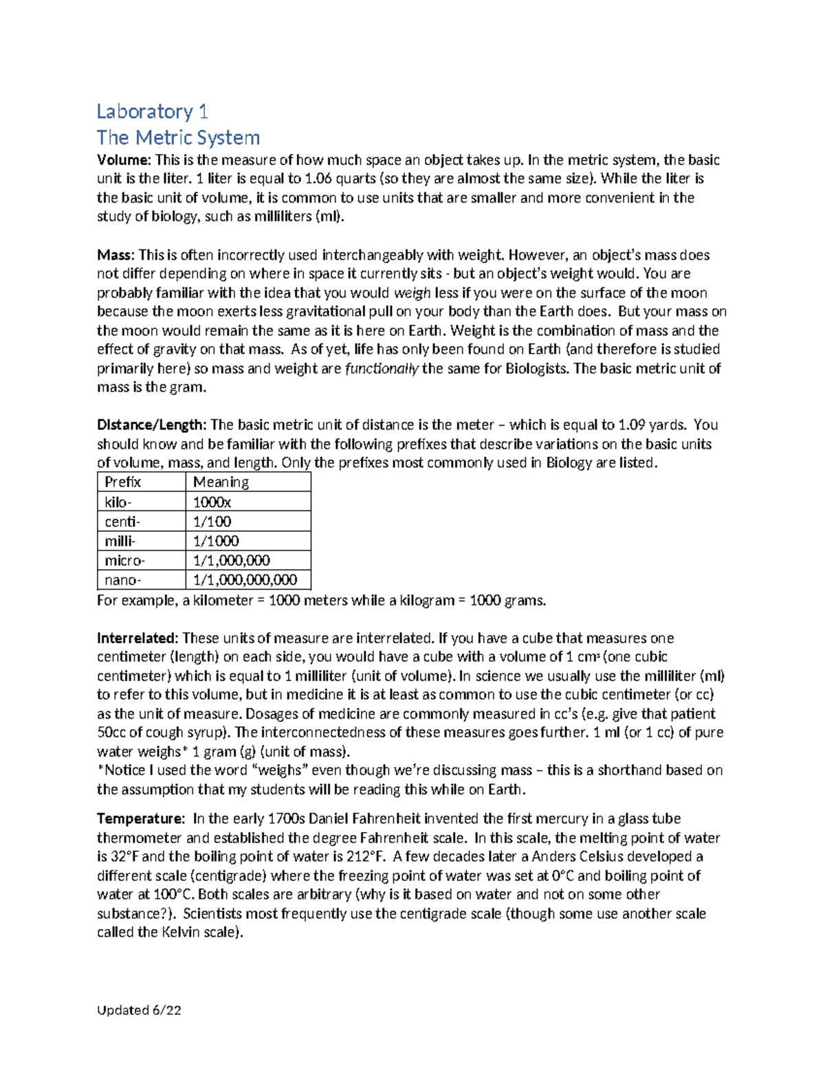 Laboratory 1 Metric Conversions - Laboratory 1 The Metric System Volume: This is the measure of ...