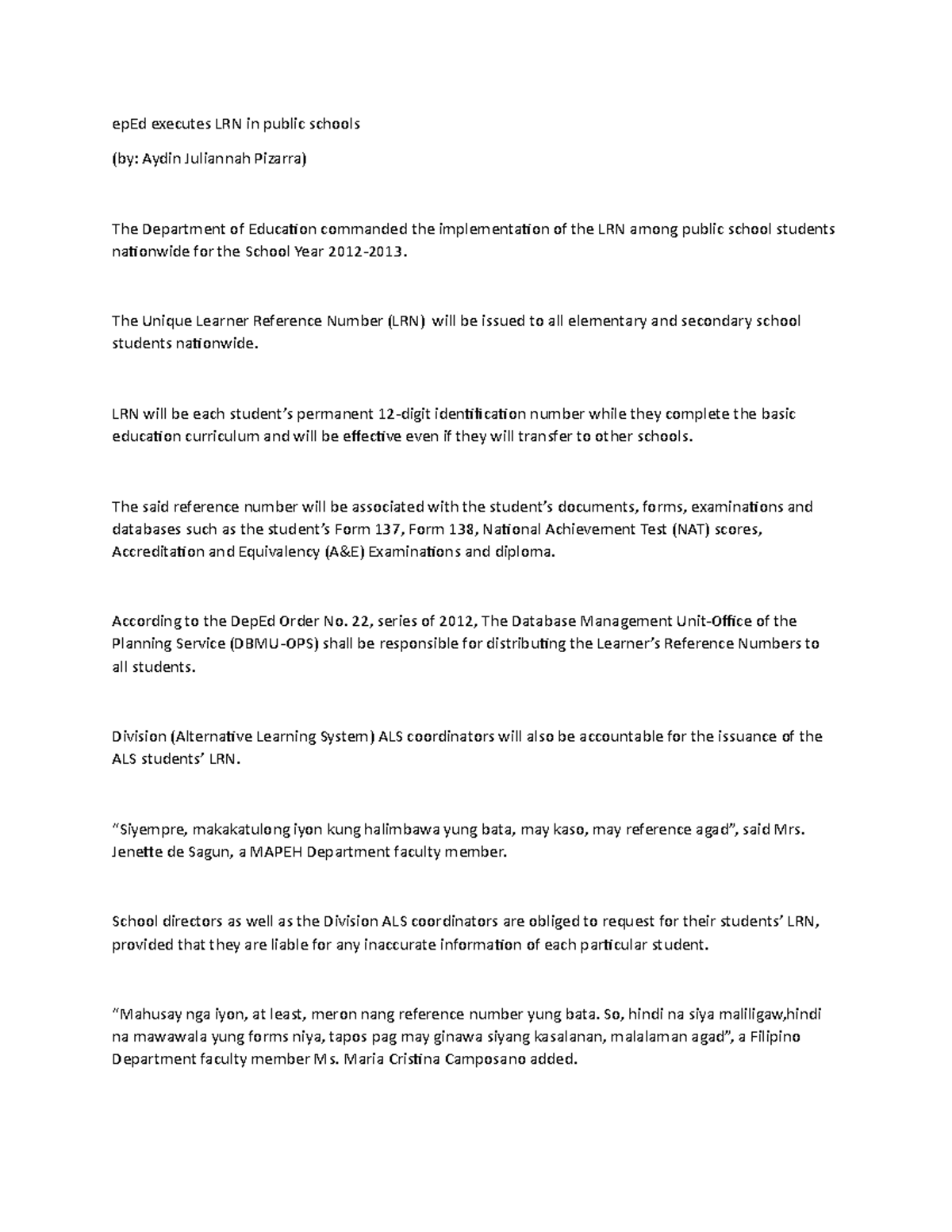 Deped - FOR LECTURE - epEd executes LRN in public schools (by: Aydin ...