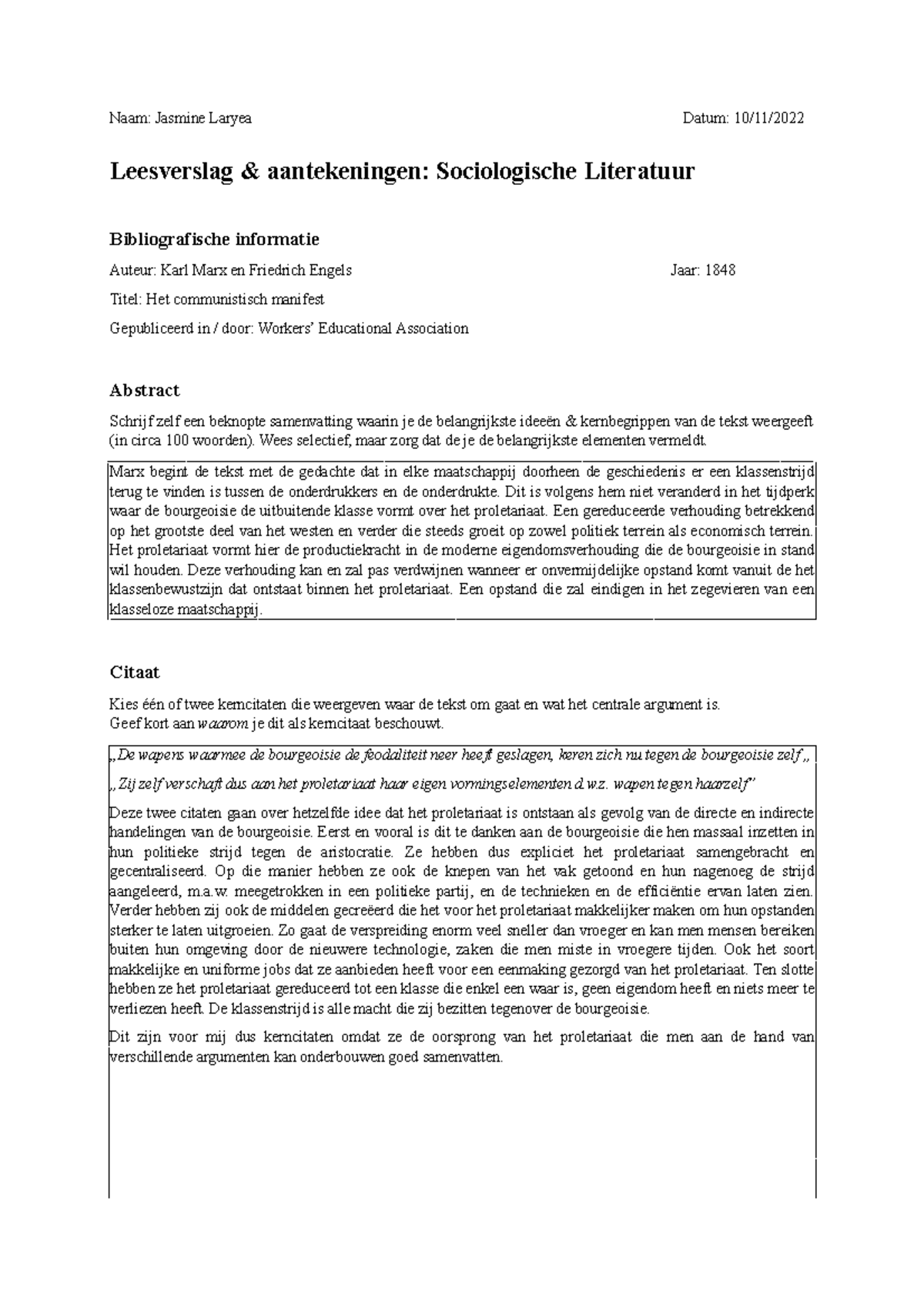 Leesverslag+Sociologische+Literatuur - Naam: Jasmine Laryea Datum: 10 ...