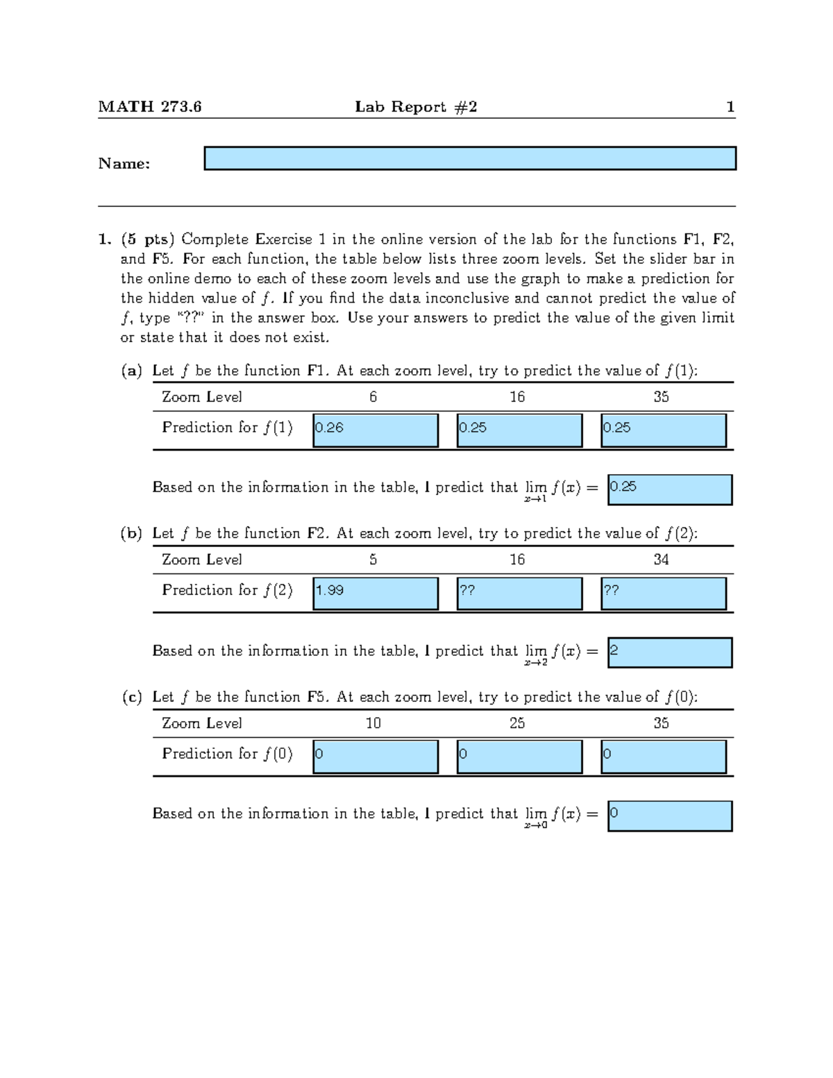 Lab2Report - lab2 - MATH 273 Lab Report #2 1 Name: (5 pts)Complete ...