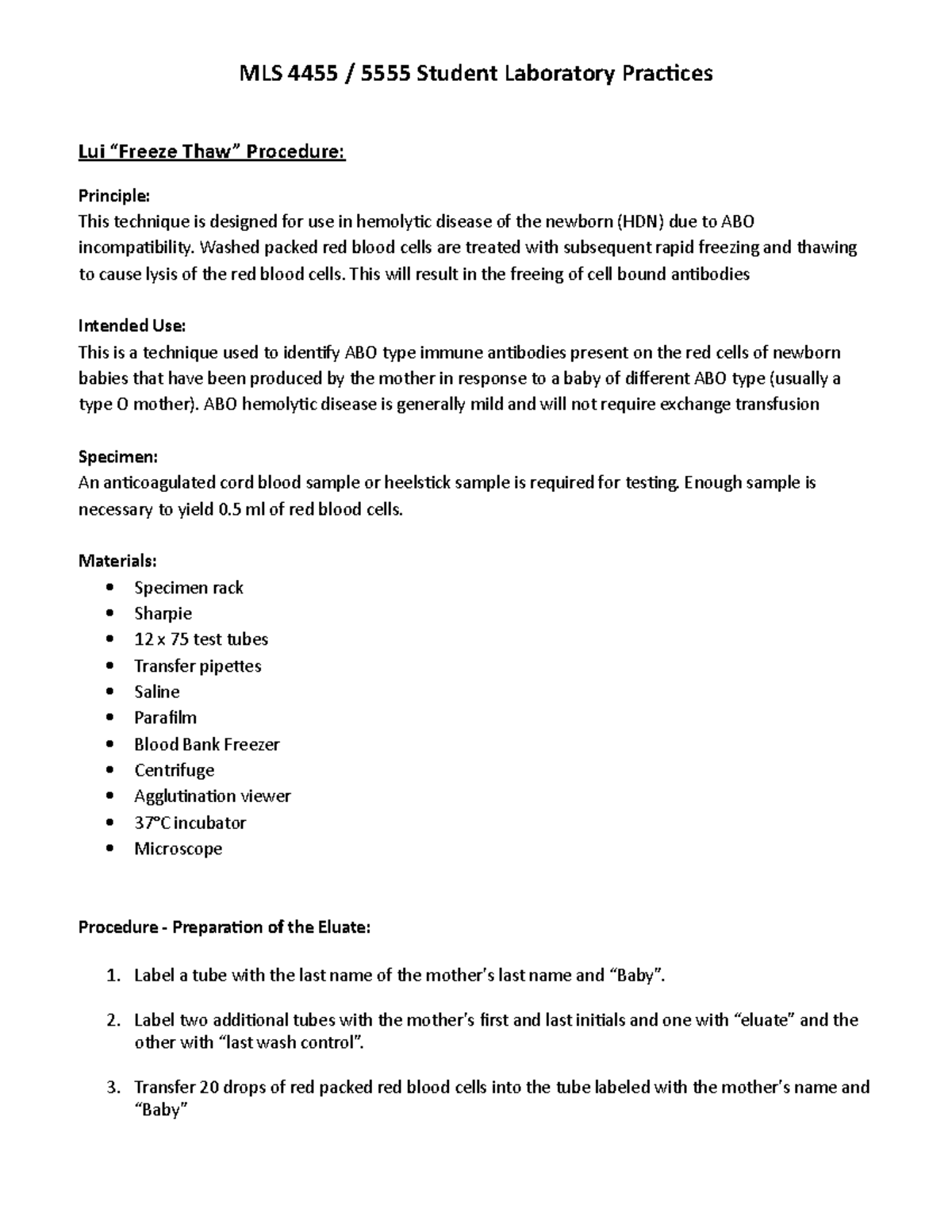 2 Lab Lui Eluate Procedure - MLS 4455 / 5555 Student Laboratory ...