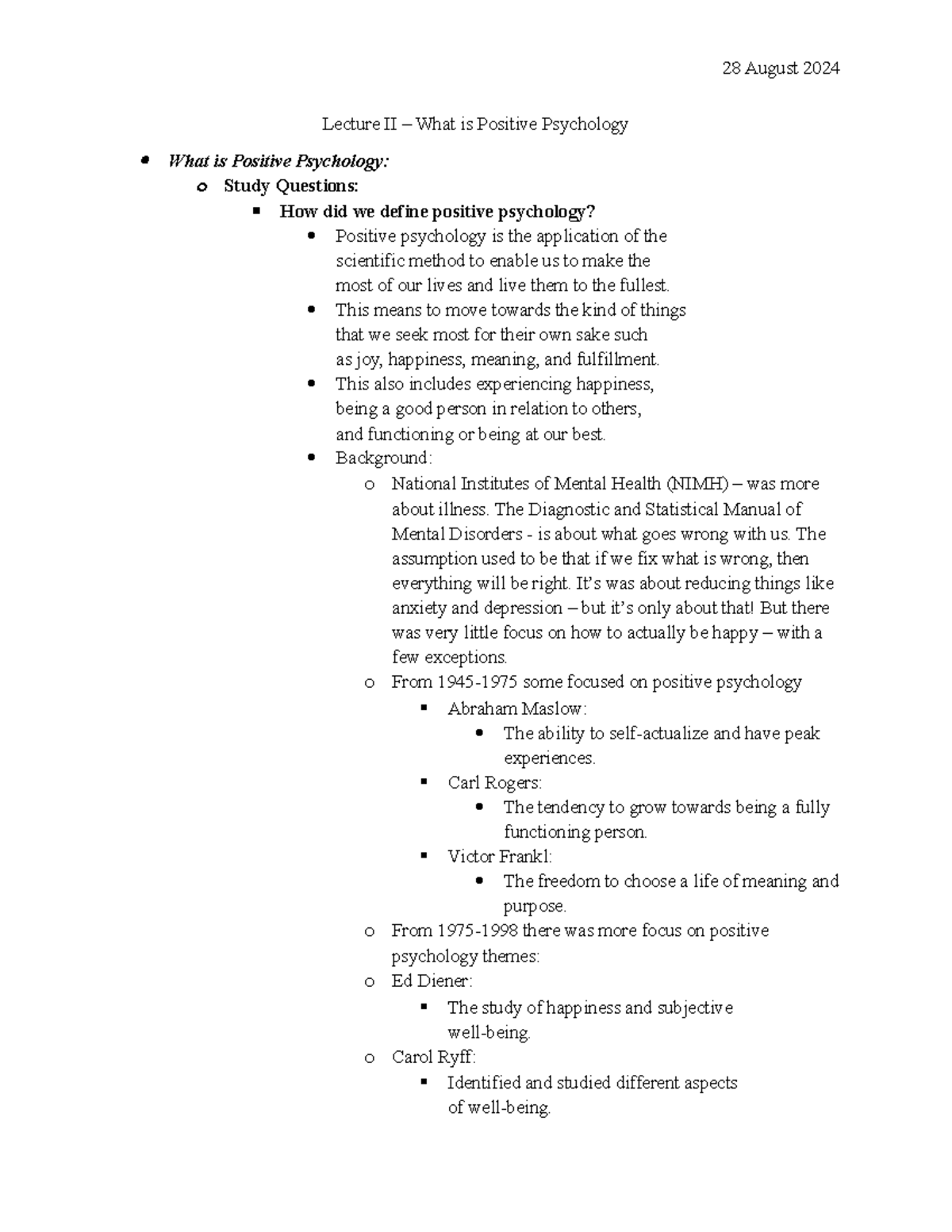 Lecture II - Postive Psyc - Lecture II – What is Positive Psychology ...