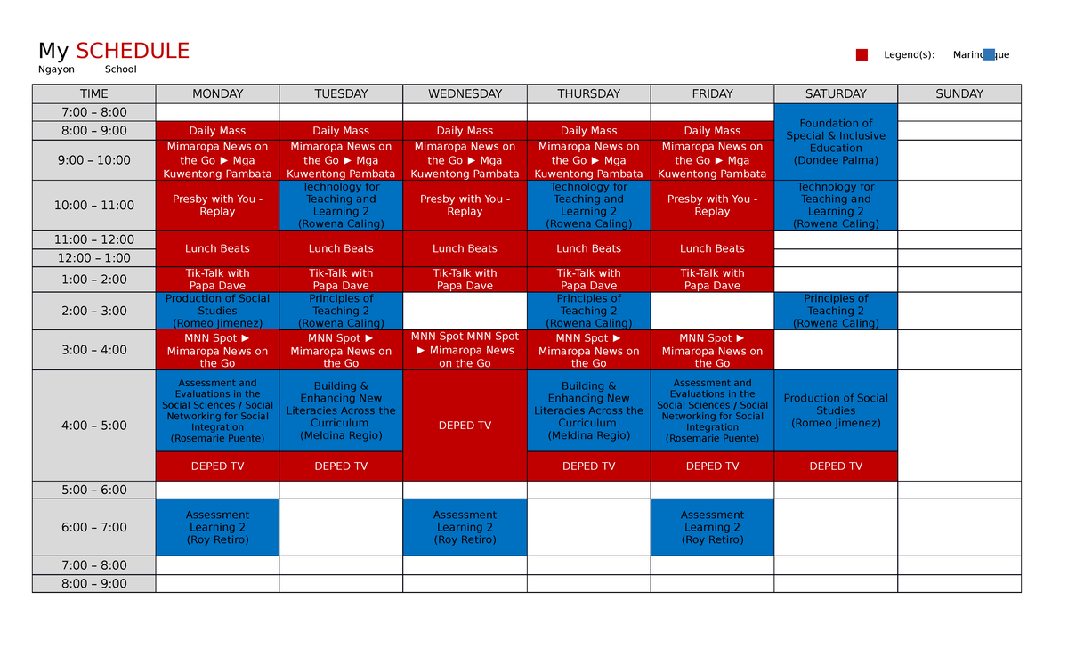 My Schedule - This is time management sample - My SCHEDULE Legend(s ...