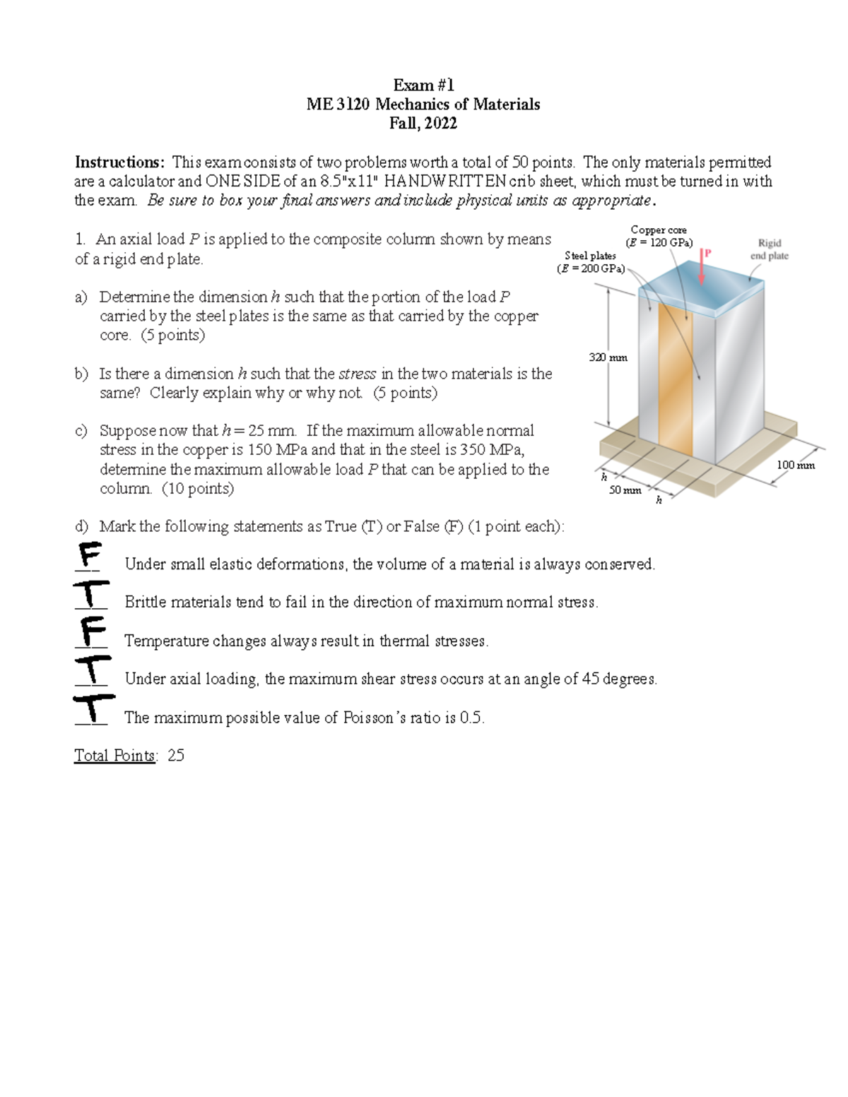 ME 3120 Exam 1 Fall 2022 Soln - Exam # ME 31 20 Mechanics of Materials ...