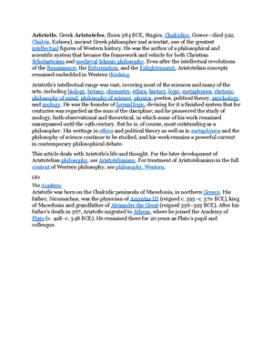 Aristotle Notes - Aristotle is a towering figure in ancient Greek ...