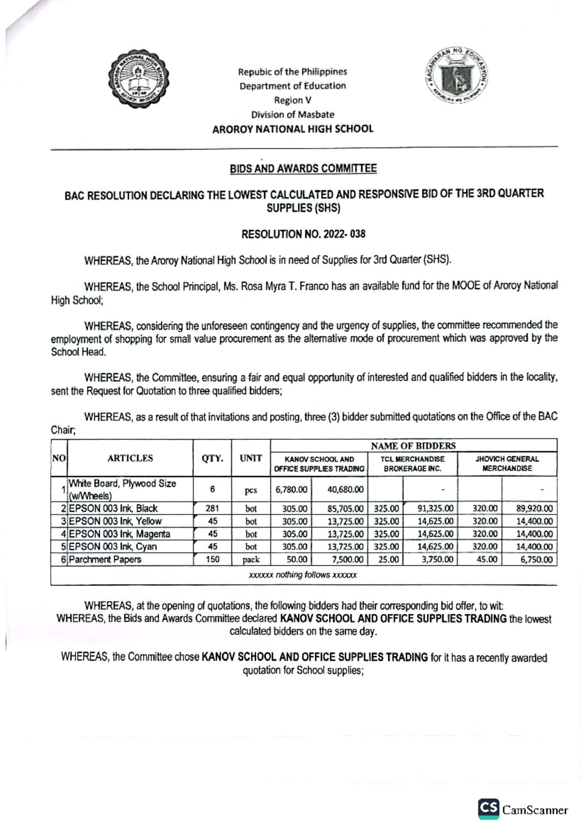 BAC SHS INKS - BAC RESOLUTION SAMPLE - Business Administration Major in ...